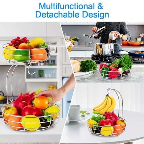 Bextsrack 2-Tier Countertop Fruit Basket Bowl with Banana Hanger, Metal Wire Fruits Stand Holder Storage Organizer for Kitchen, Silver