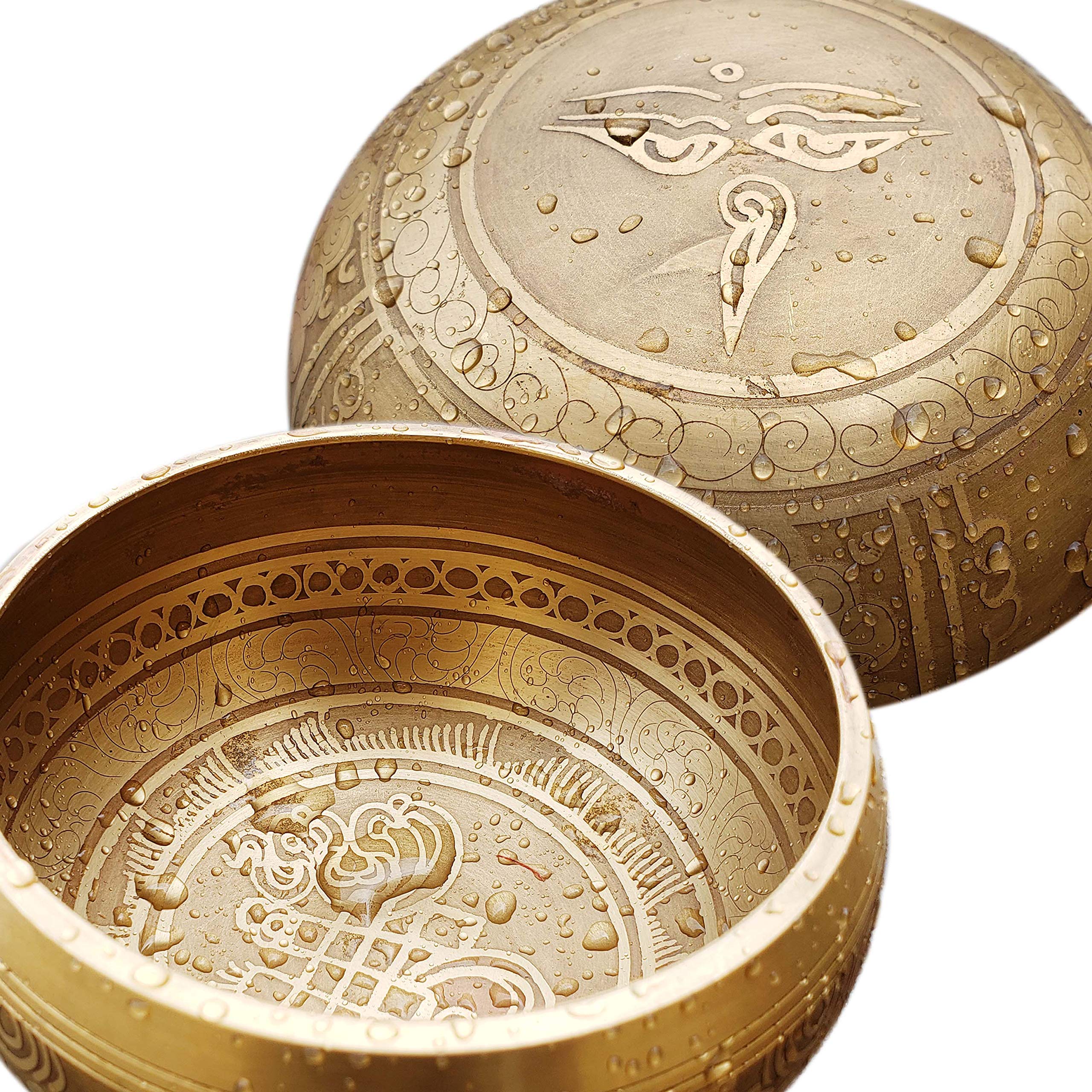 Khusi 4.5 Inch Tibetan Singing Bowl, Wisdom Eye Mantra Engraved Chakra Bowl Sound Bowl w/Silk Cushion, Leather Wrap Mallet and Carry Pouch, Hand Hammered Made in Nepal