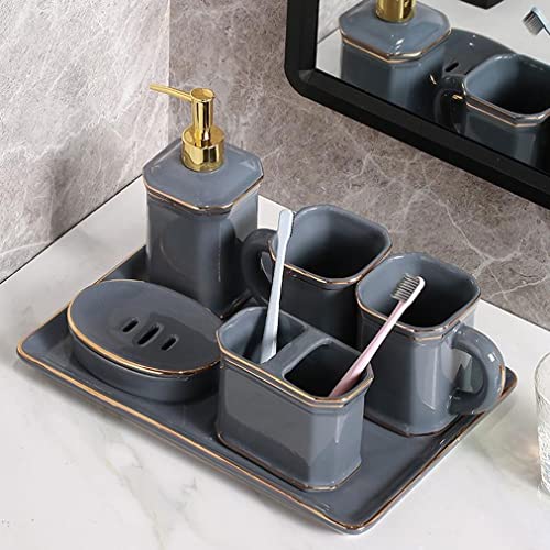 ARINAL Soap Pumps Household Ceramic Toothbrush Cup, Tooth Jar, Mouthwash Cup, Soap Dispenser, Soap Dish Set with Tray Liquid Dispencer Container