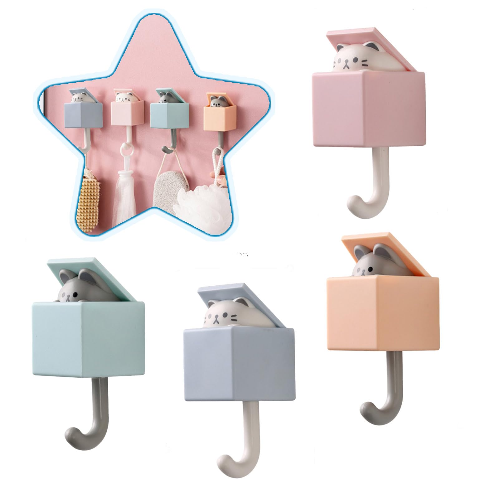 Benshukam Creative Adhesive Coat Hook,6 Pcs Cute Pet Hooks for Coat, Towel,Key,Hat, Bag,Scarf, Utility Cat Hook for Wall Hanging Decorations(4 Colors)