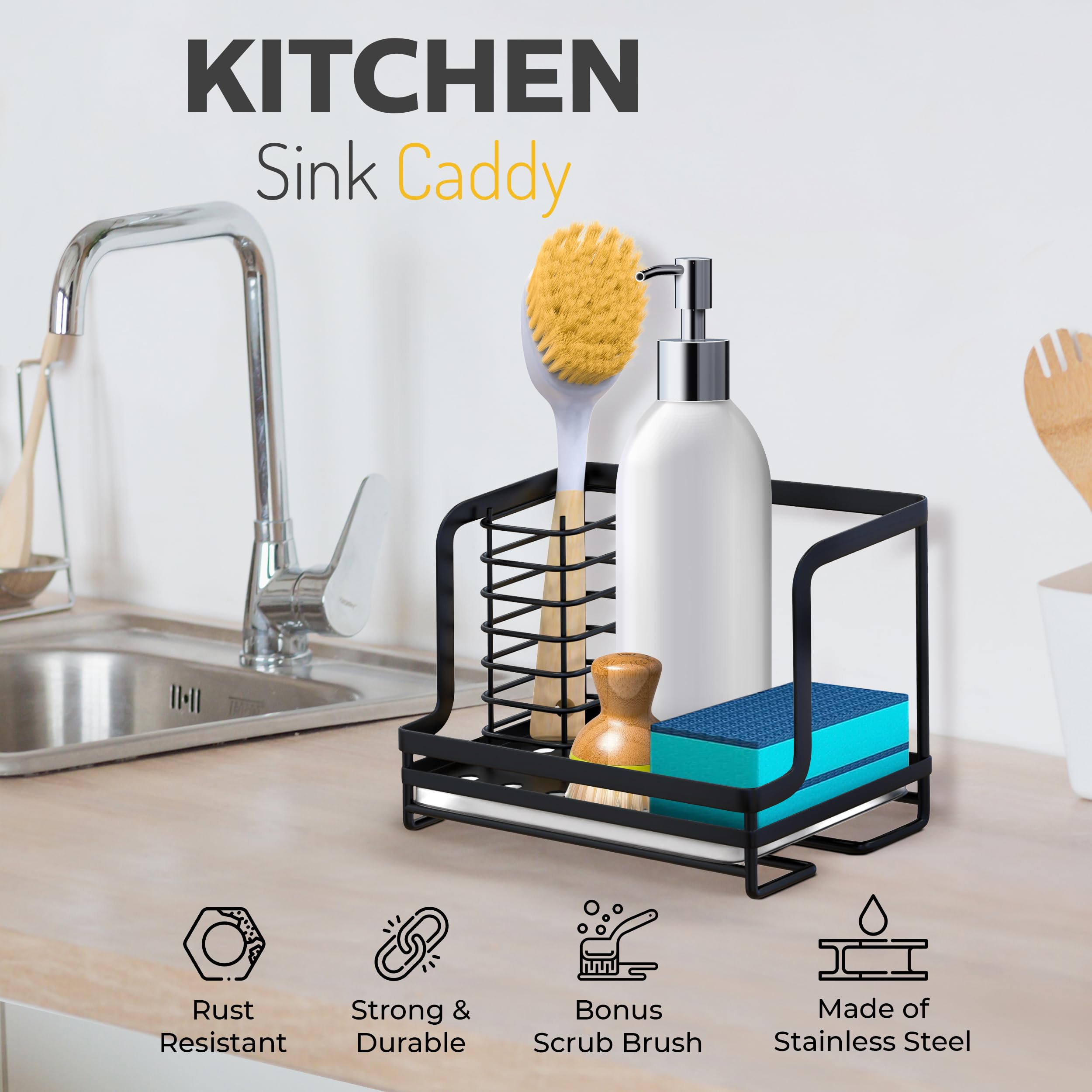 Aristeia Home Kitchen Sink Caddy Organizer - Stainless Steel Kitchen Sink Organizer with Drip Tray, Versatile Sponge Caddy for Kitchen Sink with Scrub Brush Included - Black