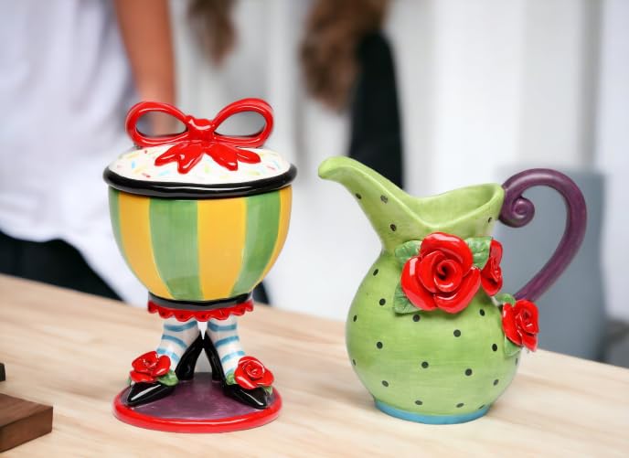 ATD 5.38 Inch Yellow and Green Sugar Bowl on Shoes and Green Creamer Set