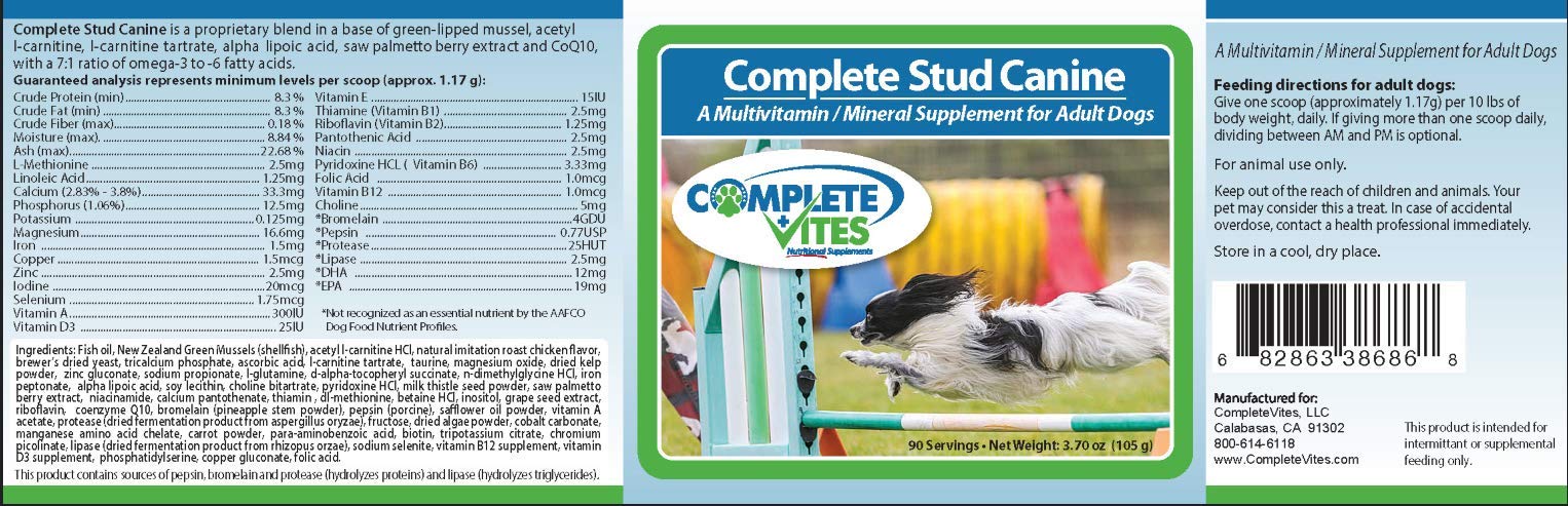 Complete Stud Canine β Vitamin & Mineral Supplement for Breeding Stud Dogs -(<20lbs)-48 nutrients-Improve Sperm/breeding Potential** Omega Fatty Acids, Amino Acids, Digestive Enzymes + More 105 Grams