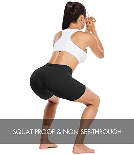 BALEAF Women's 7" Long Compression Running Shorts High Waisted Yoga Biker Shorts with 3 Pockets Black XL