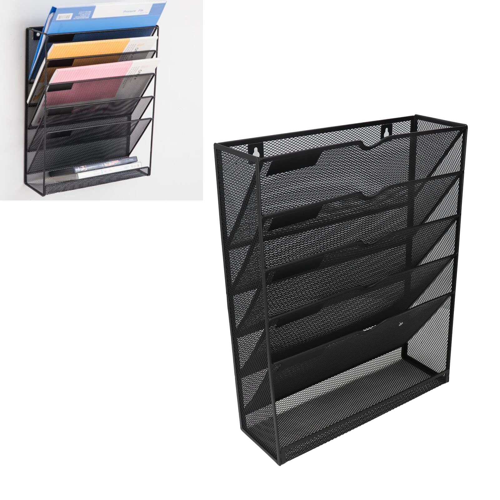 Asixxsix Hanging Wall File Organizer, 5 Pockets Metal Mesh Wall Mounted Paper Magazine Rack with Bottom Flat Tray Heavy Duty File Document Organizer for Home Office Classroom Wall File Holder