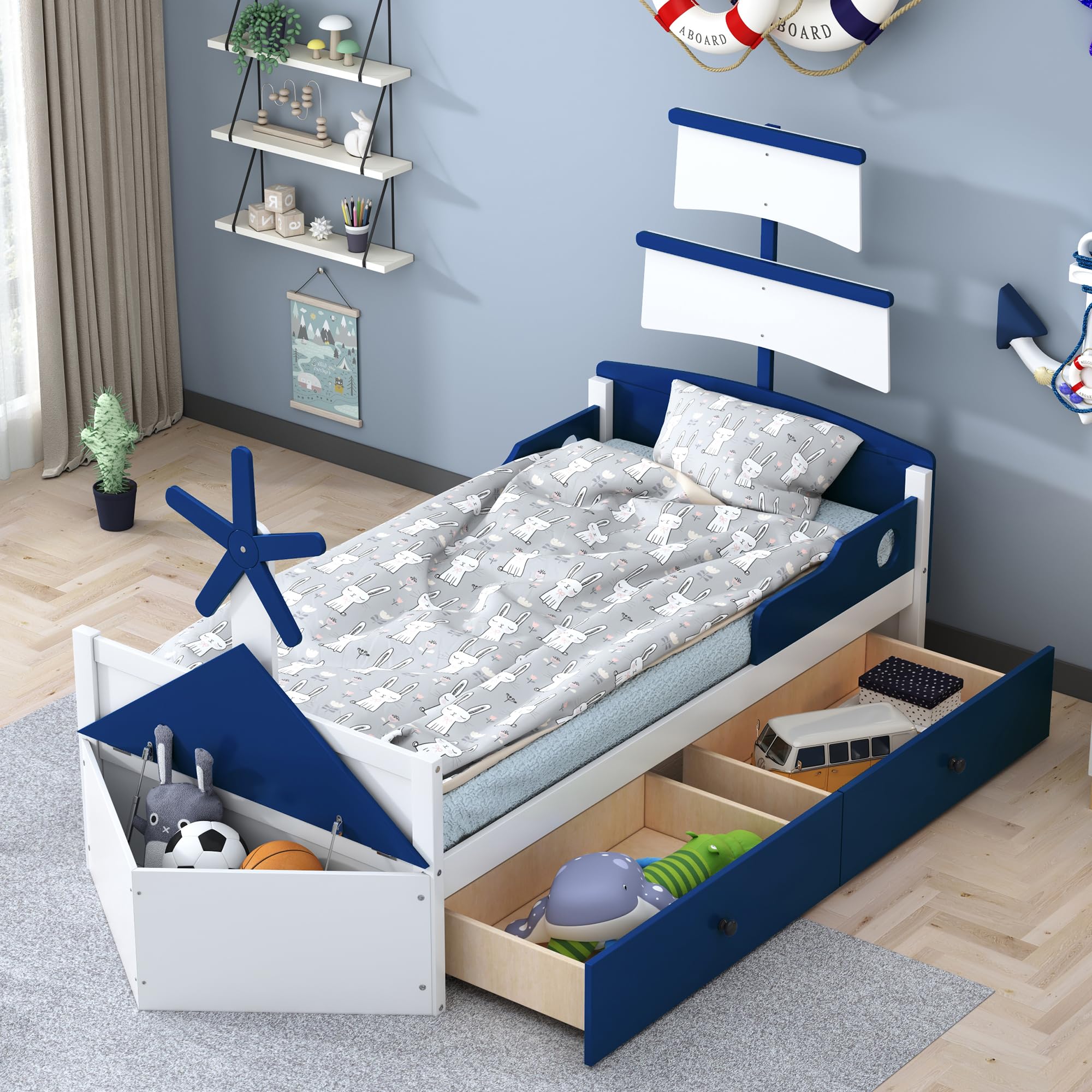 Merax, White+Blue Kids Sailboatboat-Shaped Frame with 2, Wood Platform Bed with Storage Ottoman,Easy Assemble, Twin w/Drawers