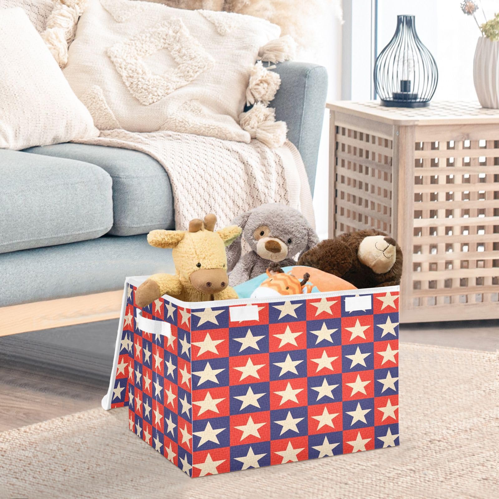 Patriotic Stars Storage Bins with Lids and Handles, Foldable Storage Box Storage Basket with Cover Collapsible Organizer Containers for Home Closet, Shelves