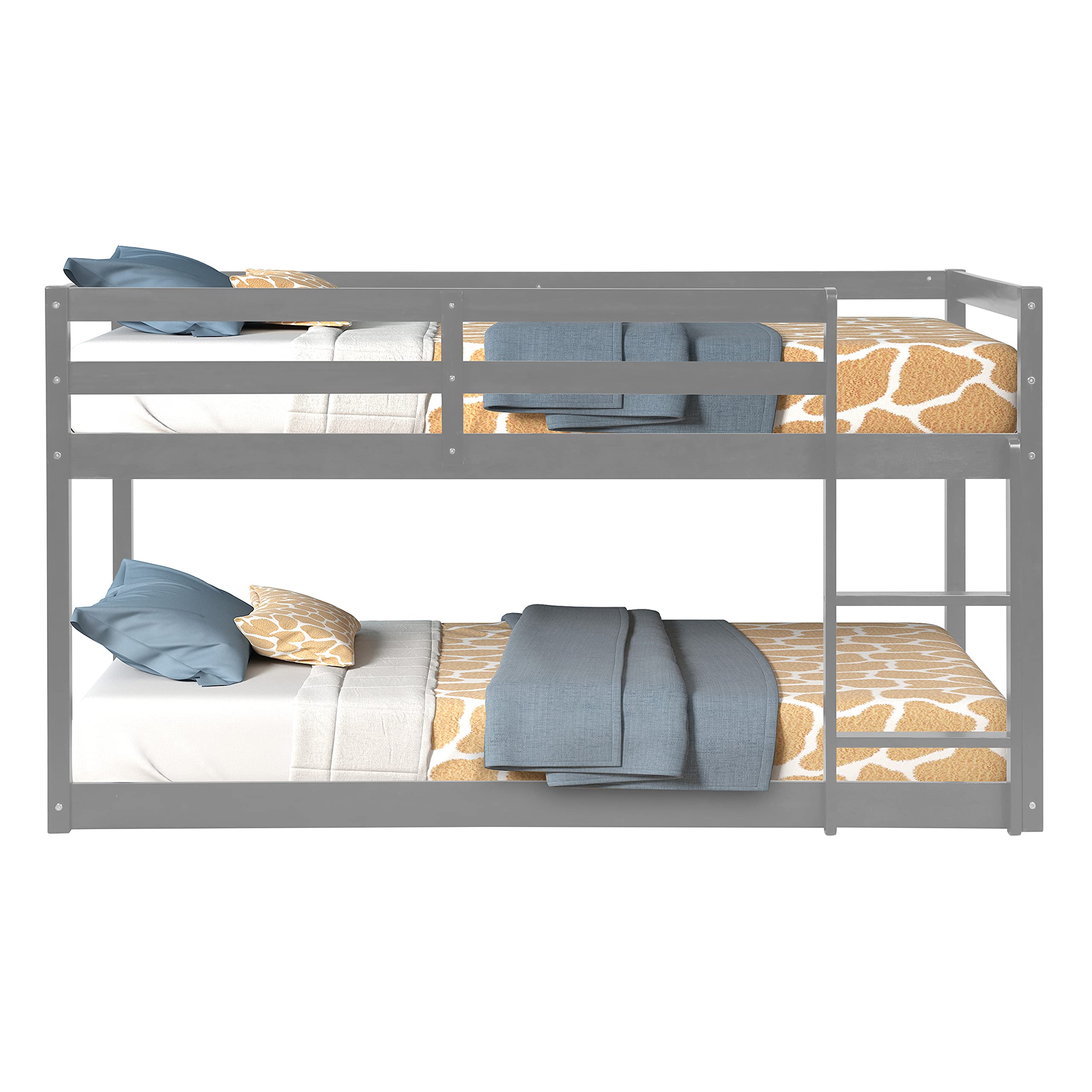 Bunk Beds Twin Over Twin, Wood Kids Low Bunk Bed with Guard Rails, Ladder for Young Children Boys Girls Dormitory Bedroom, No Box Spring Needed (Grey)