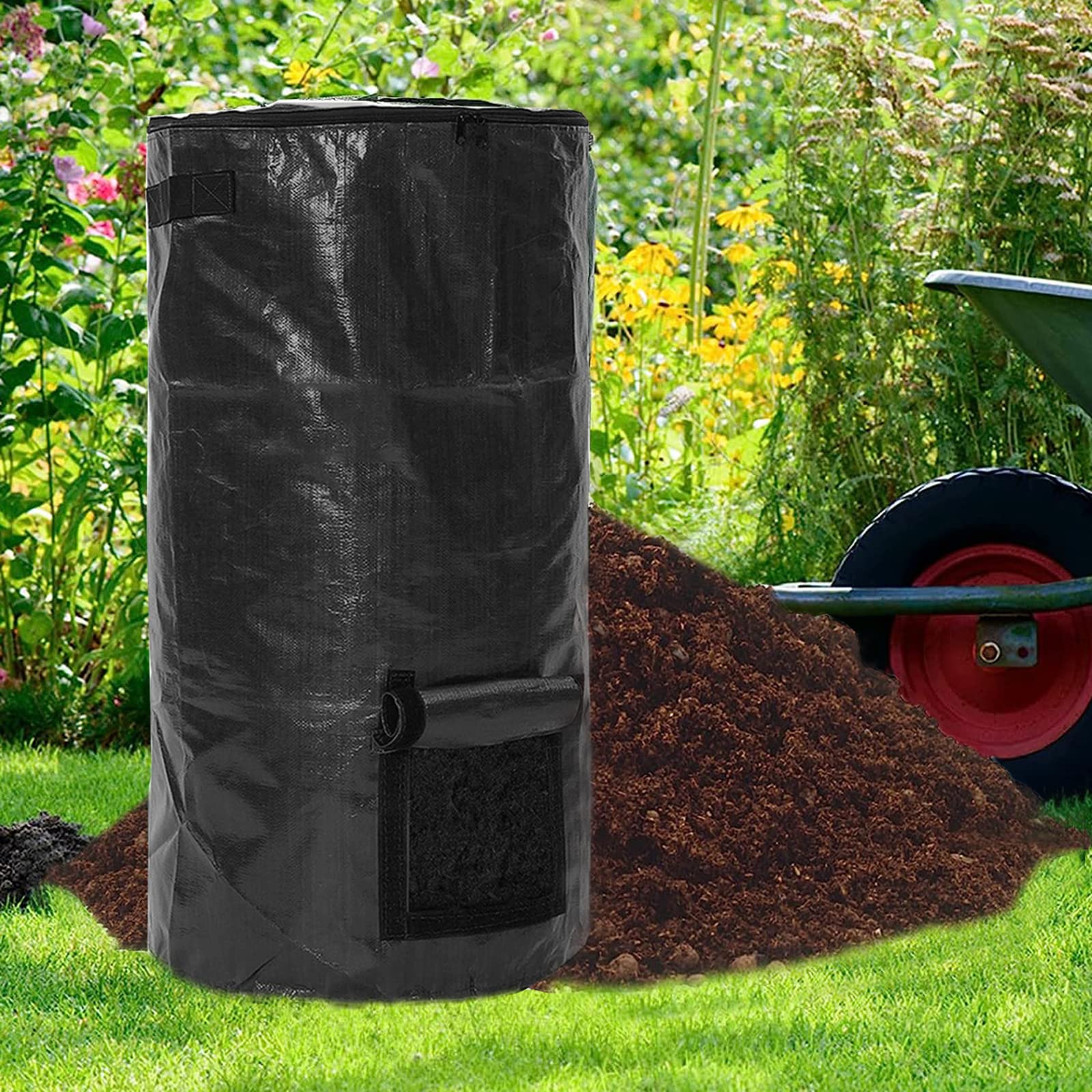 Compost Bin Bags 34 Gallon Garden Compost Bags Outdoor Reusable,Organic Waste Kitchen Garden Yard Compost Bag Collapsible Leaf Lawn Bags Gardening Container (Black 2pcs)
