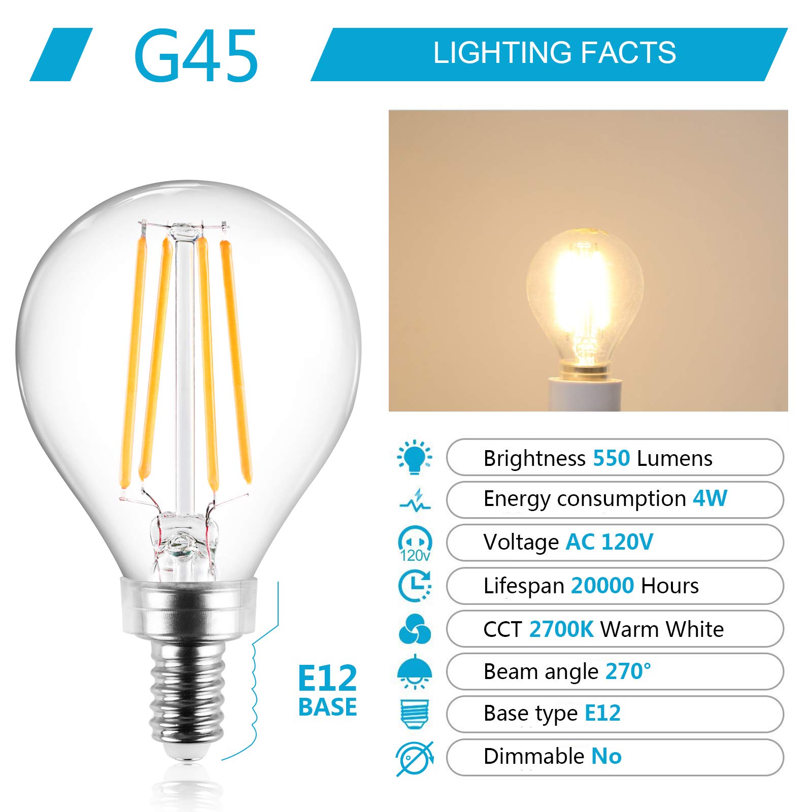 Ascher E12 Candelabra LED Light Bulbs 60 Watt Equivalent, 550 Lumens, Warm White 2700K, Decorative G45 LED Globe Bulbs, Filament Clear Glass, Non-Dimmable, Pack of 5