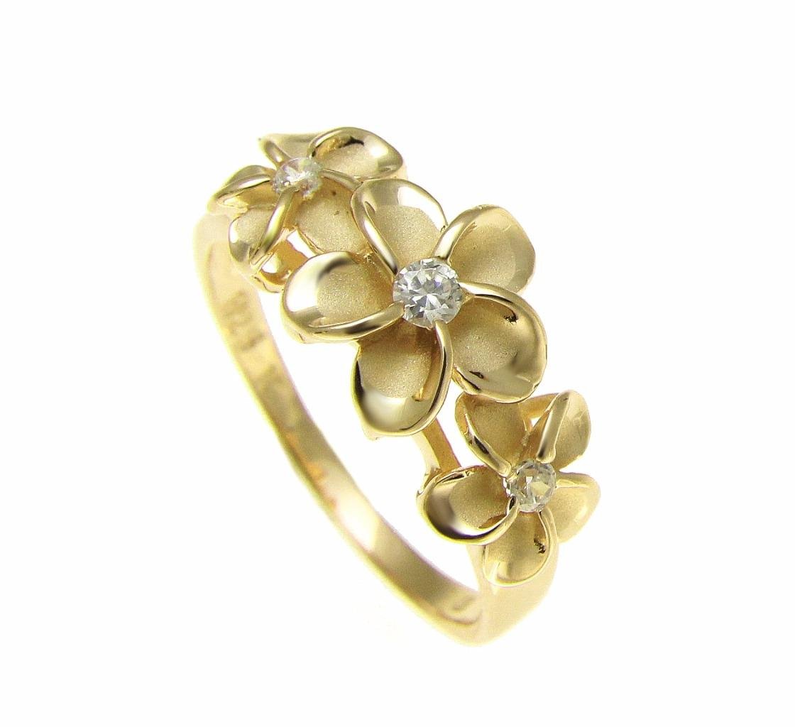 Arthur's Jewelry Yellow gold plated sterling silver 925 Hawaiian 3 cz plumeria flower ring size 8