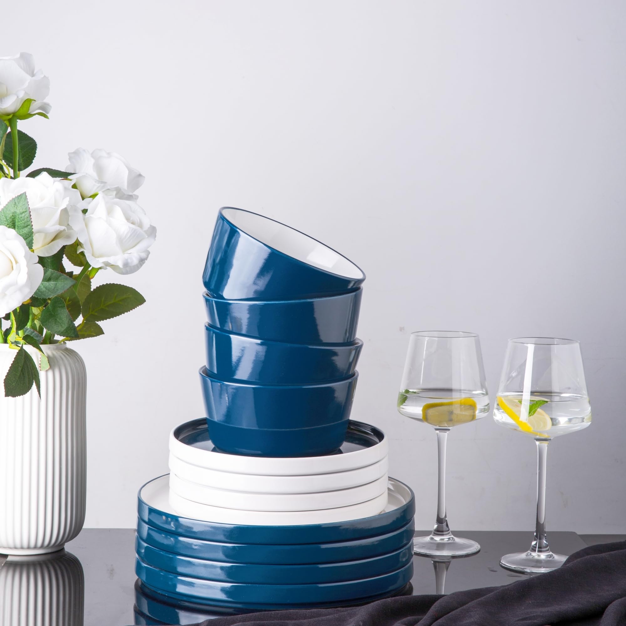 AmorArc Ceramic Dinnerware Sets for 4,12 -Piece Double Color Stoneware Plates and Bowls Set,Chip and Crack Resistant | Dishwasher & Microwave Safe Dishes Set,Service for 4 -White &Gray