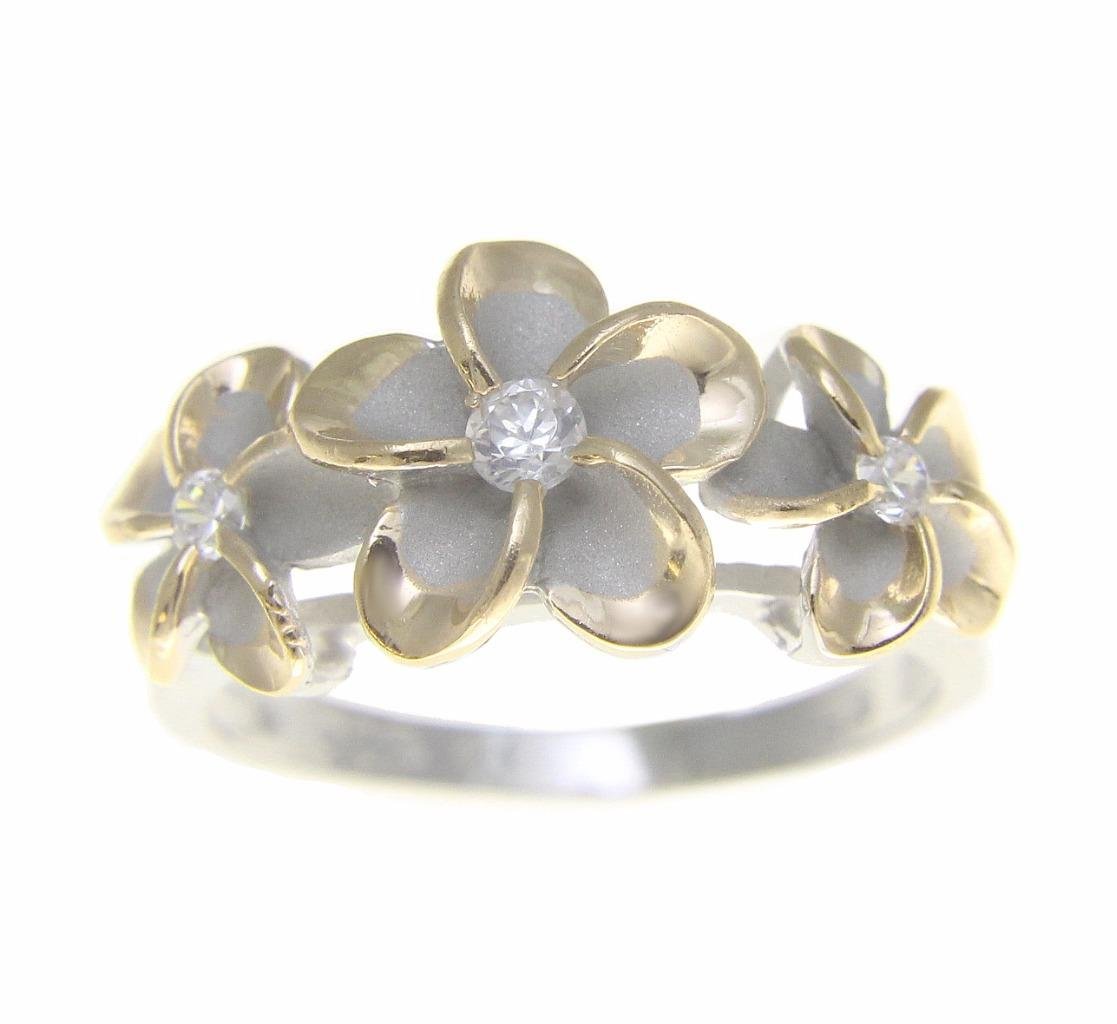 Arthur's Jewelry Sterling silver 925 Hawaiian 3 plumeria flower cz ring rhodium and yellow gold plated size 8.5