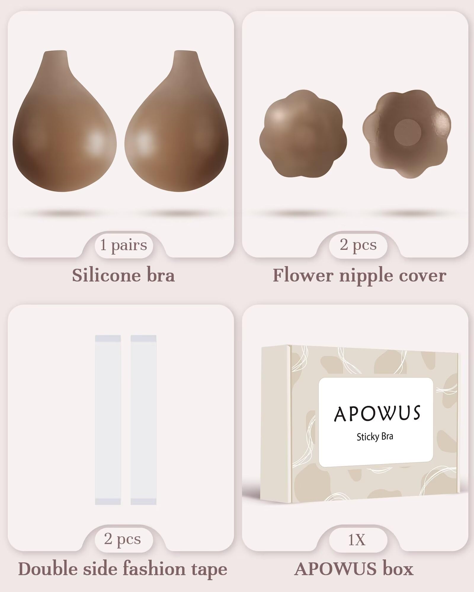 APOWUS Sticky Bras for Women Push Up Adhesive Invisible Bra Backless Strapless Bra for Big Busted Reusable with Nipple Covers - XL,Coffee 1