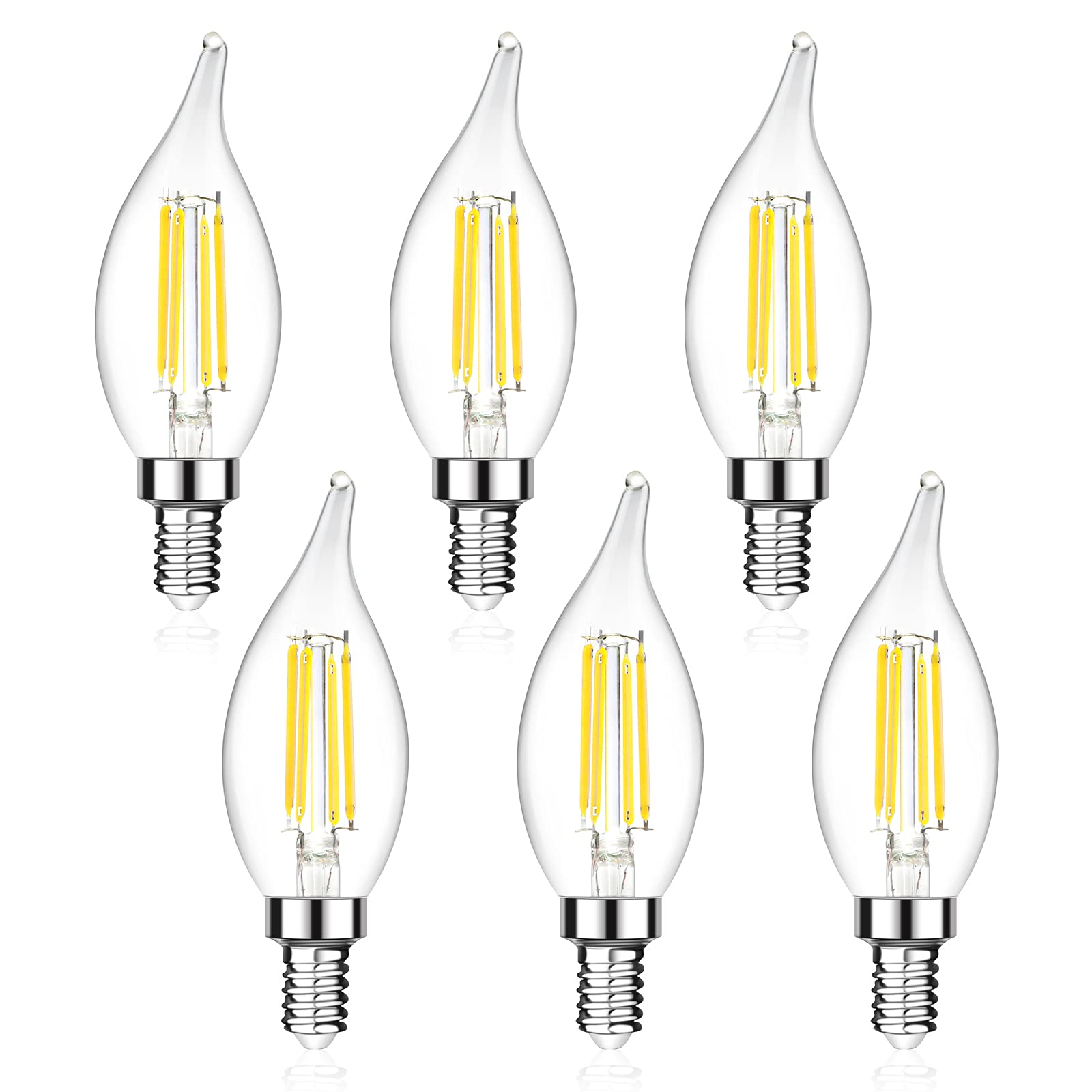 Ascher E12 Candelabra LED Light Bulb, 60 Watt Equivalent, 550 Lumens, Daylight White 5000K, Flame Tip Decorative LED Filament Candle Bulb, E12 Base, Non-Dimmable, Pack of 6