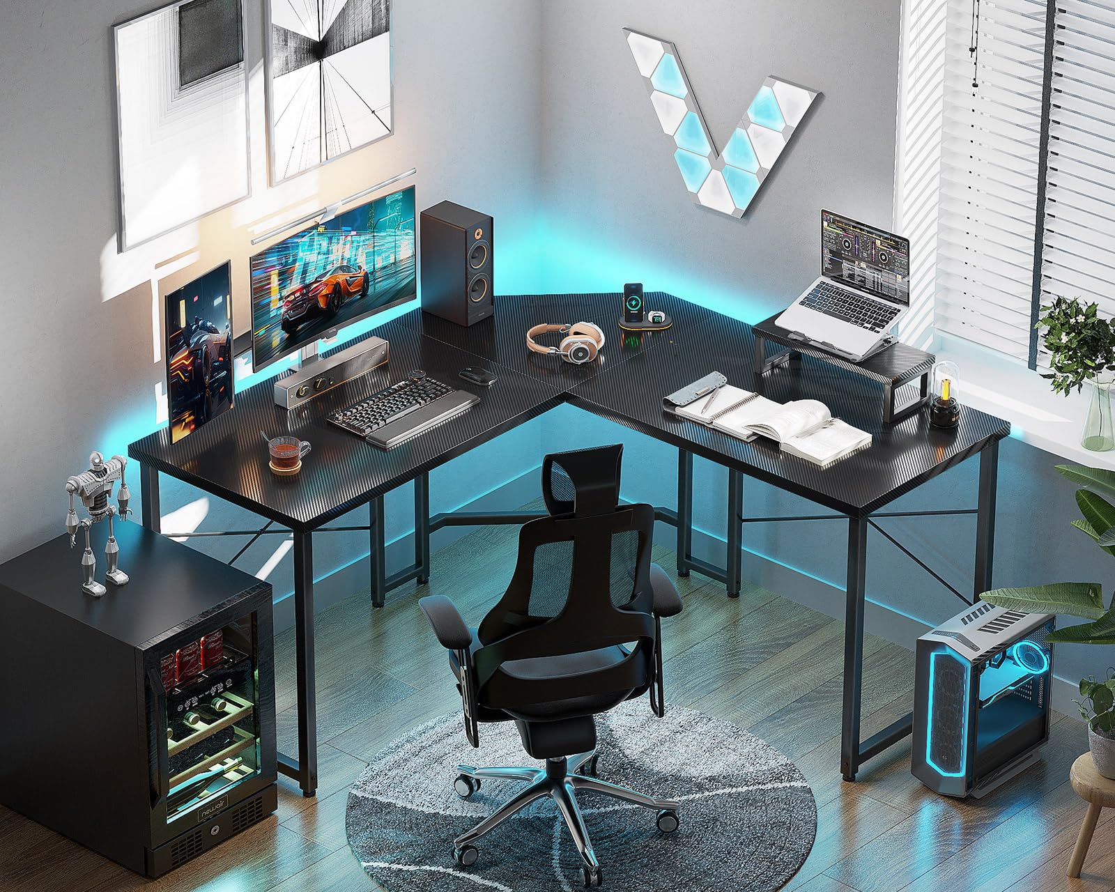 AODK L Shaped Gaming Desk, Computer Corner Desk, PC Gaming Desk Table with Large Monitor Riser Stand for Home Office Sturdy Writing Workstation,51 * 19 inch,Black