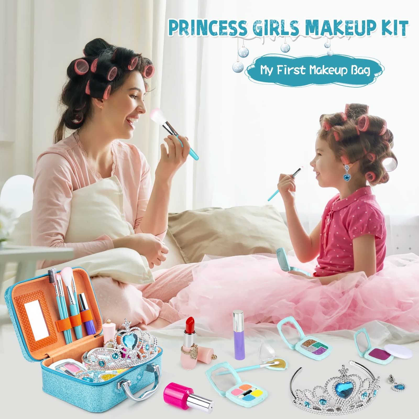KIDCHEER Kids Makeup Kit for Girls Pretend Play Make up Gift Princess Toys for Kids with Storage Bag,Blue