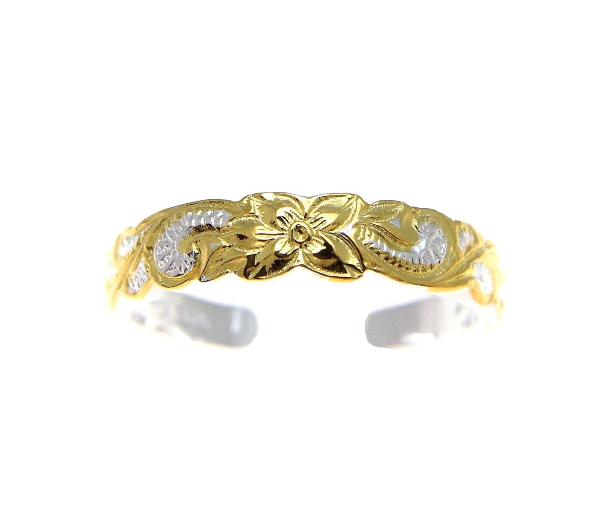 Arthur's Jewelry 925 sterling silver 2 tone yellow gold plated Hawaiian plumeria flower scroll 4mm cut out open toe ring
