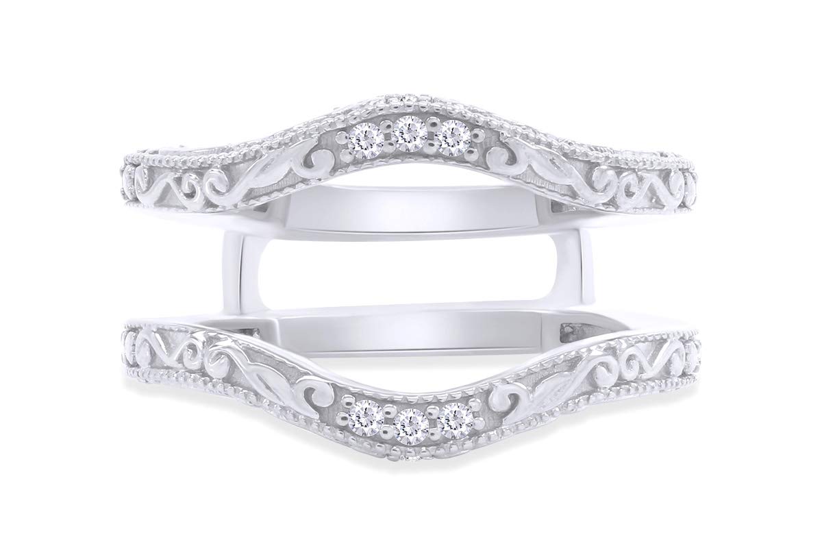 AFFY Mother's Day Jewelry Gifts Filigree Vintage Wedding Ring Guard Enhancer with Sparkling Cubic Zirconia in 14k White Gold Over Sterling Silver Gifts for Womens Ring Size-6