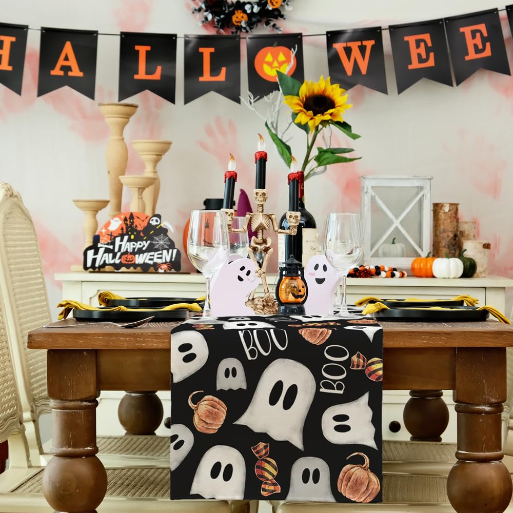 ARKENY Halloween Table Runner 13x72 Inches,Pumpkin Spooky Ghost Candy Boo,Seasonal Burlap Farmhouse Indoor Kitchen Dining Table Decorations for Home Party AT455-72