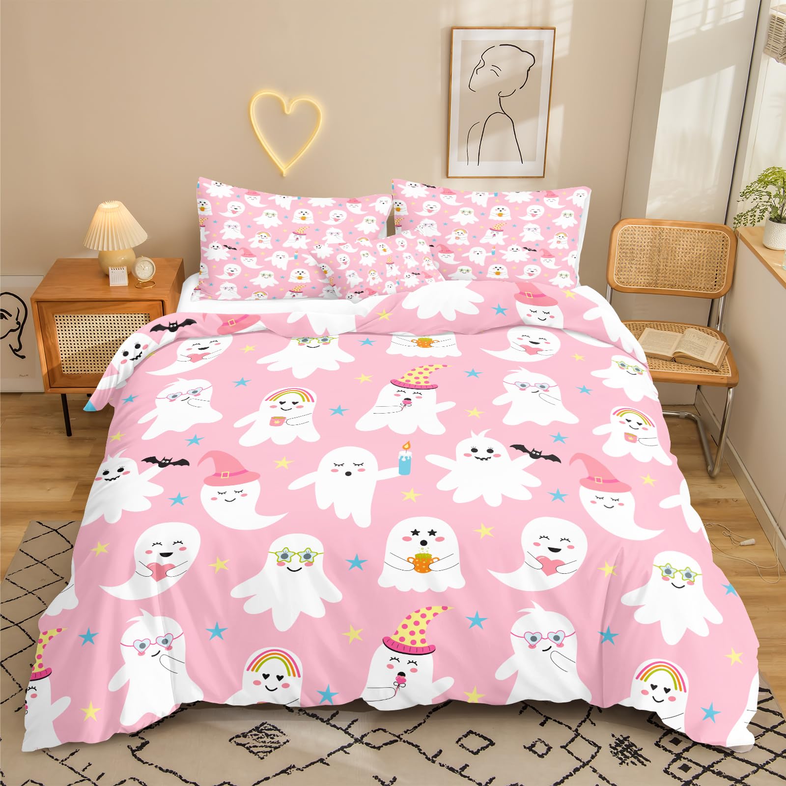 Halloween Bedding Set Queen Funny Pupmkin Duvet Cover Set Halloween Theme Pattern Design Trick or Treat Comforter Cover Grey Halloween Bedding Sets (Queen, Gray)