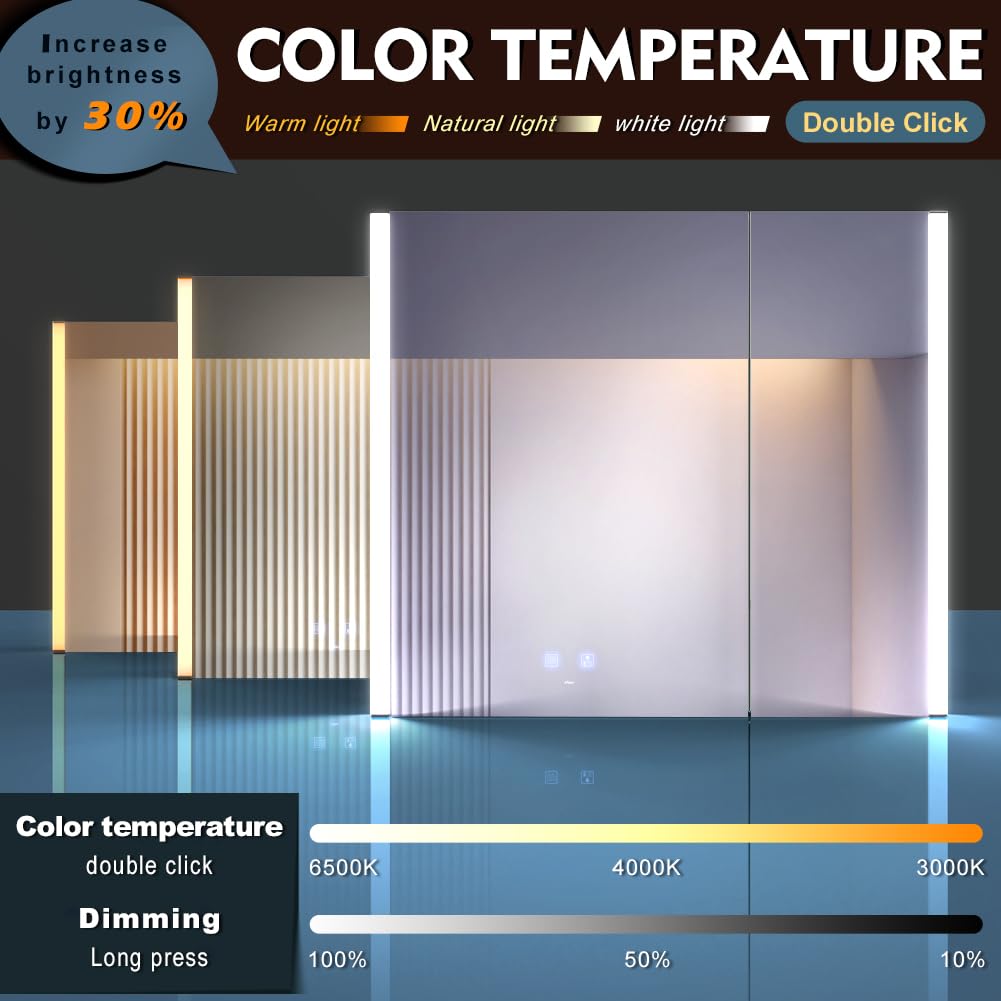 KWW LED Bathroom Mirror Cabinet with Socket & USBs, Defogger, Dimmable, 3 Color Light Makeup Mirror, Easy to Install, Wall Mounted Medicine Cabinet (32 x 28 Inch)