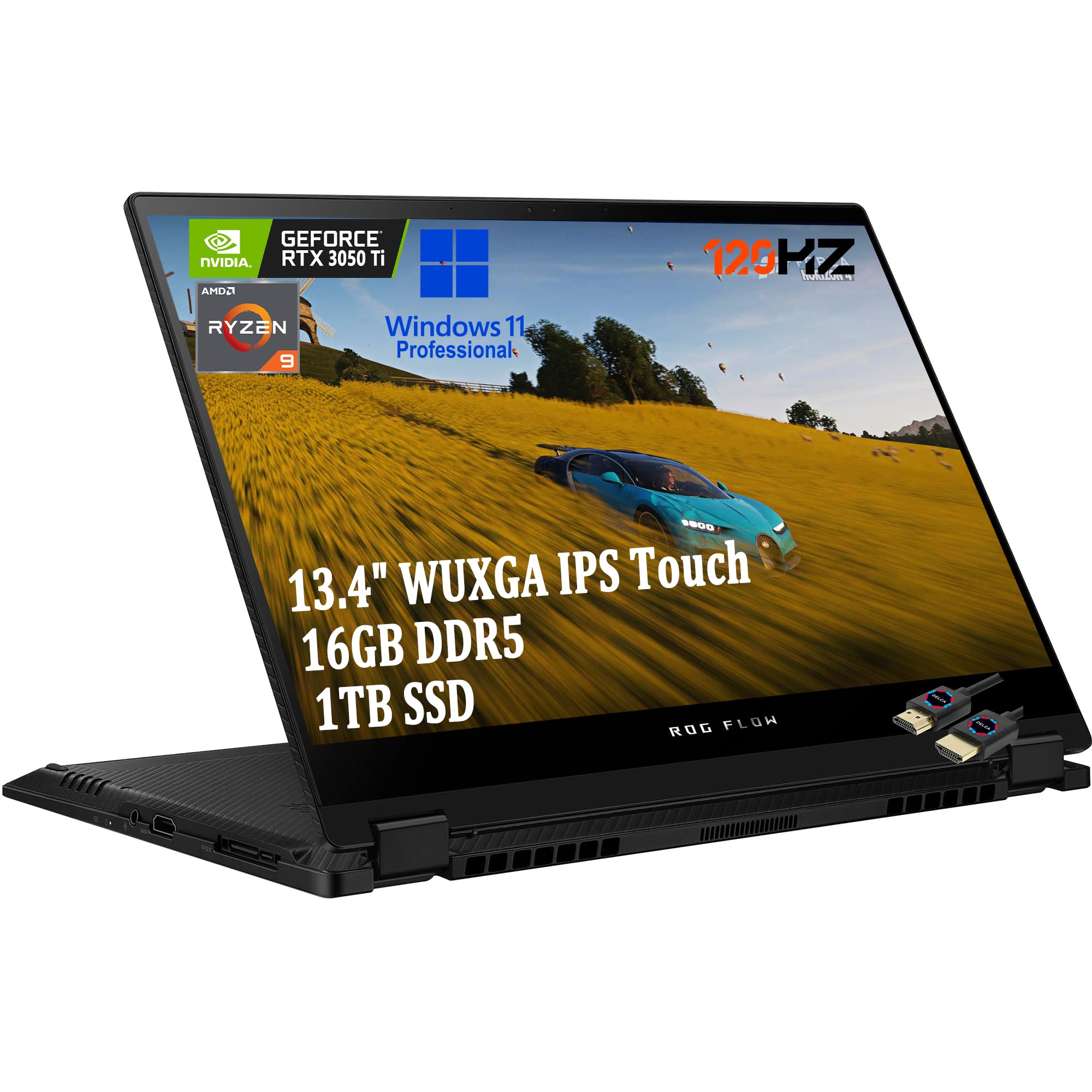 ASUS ROG Flow X13 Gaming 2-in-1 Laptop | 13.4" WUXGA 120Hz 500nits IPS Touchscreen | AMD 8-Core Ryzen 9 6900HS | 16GB DDR5 1TB SSD | GeForce RTX 3050 Ti 4GB | Backlit Win11 Pro + HDMI Cable