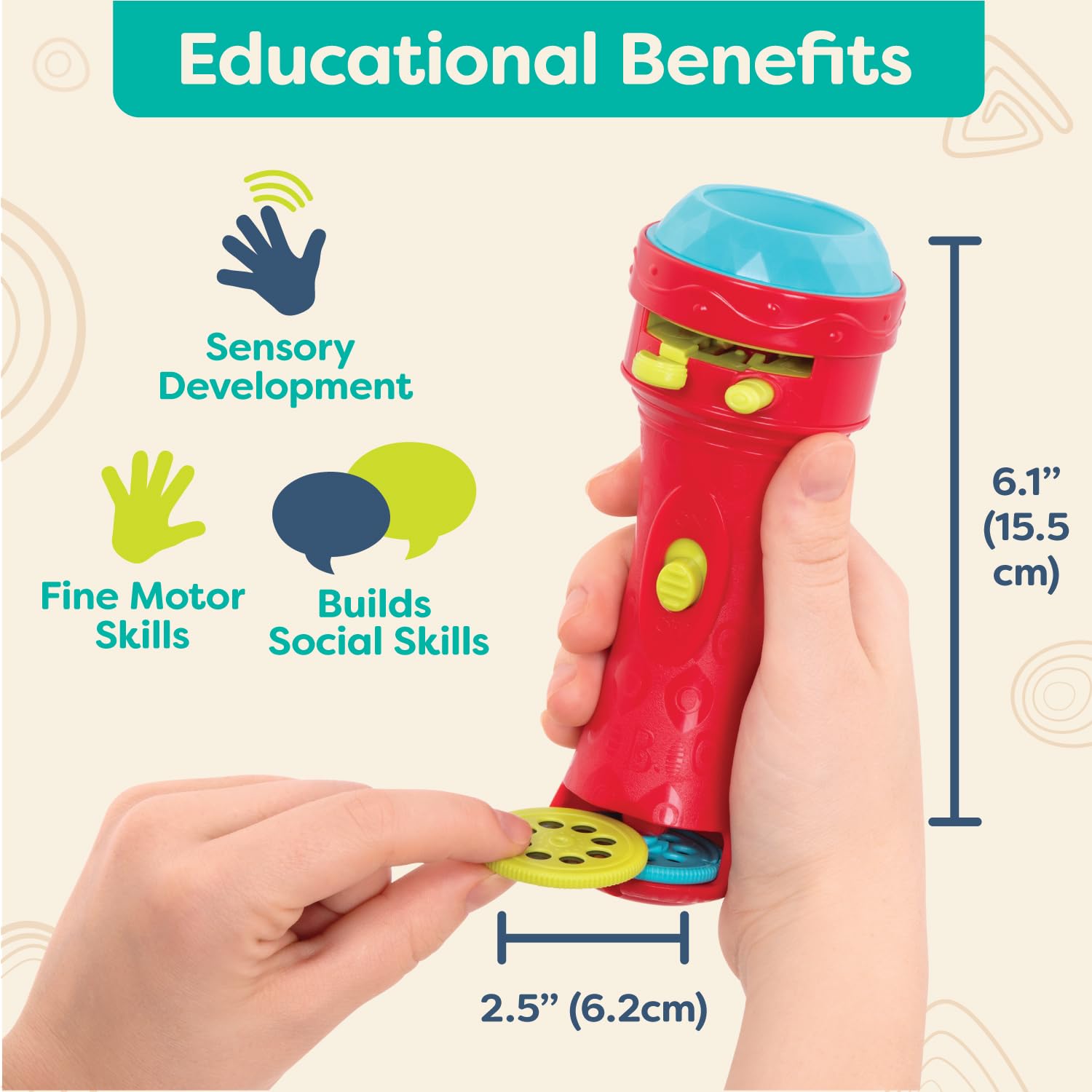 B. toys –Children’s Projector Flashlight with Image Reels- Pretend Play-Make Everything Cosmic & Bright- Light Me To The Moon – 4 years +