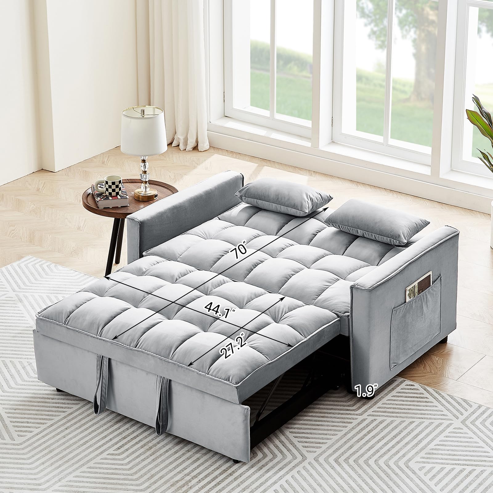 CALABASH 3 in 1 Sleeper Sofa Couch Bed, Small Tufted Velvet Convertible Loveseat Futon Sofa w/Pullout Bed, Adjustable Backrest, Pillows, Multi-Pockets for Living Room Apartment