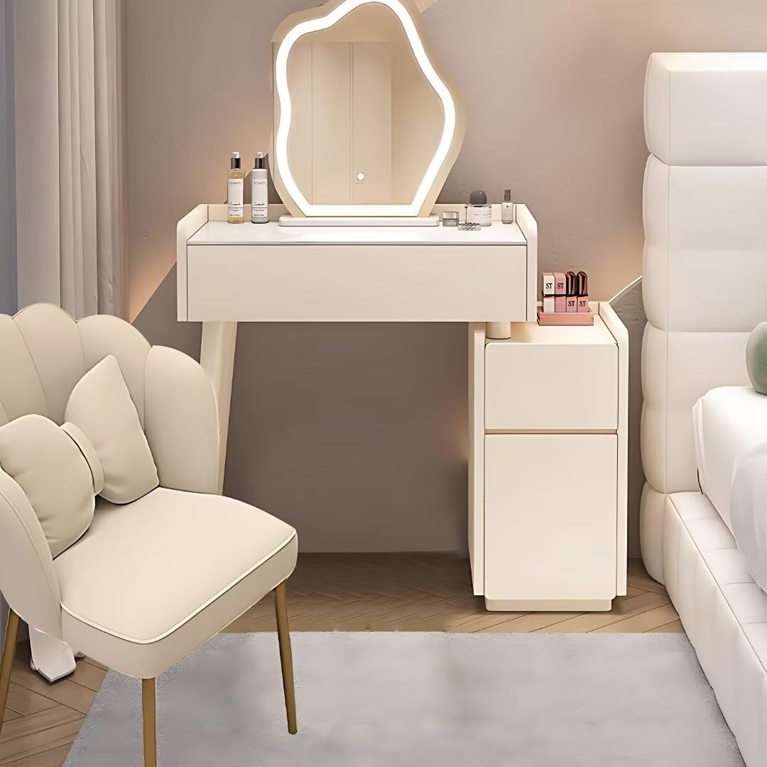 Attega Cute Vanity Desk, Slate Desktop Makeup Vanity Table, Dressing Table Set with LED Makeup Mirror and Petal Chair, Suitable for Small Bedroom (White, 23.6 Inch)