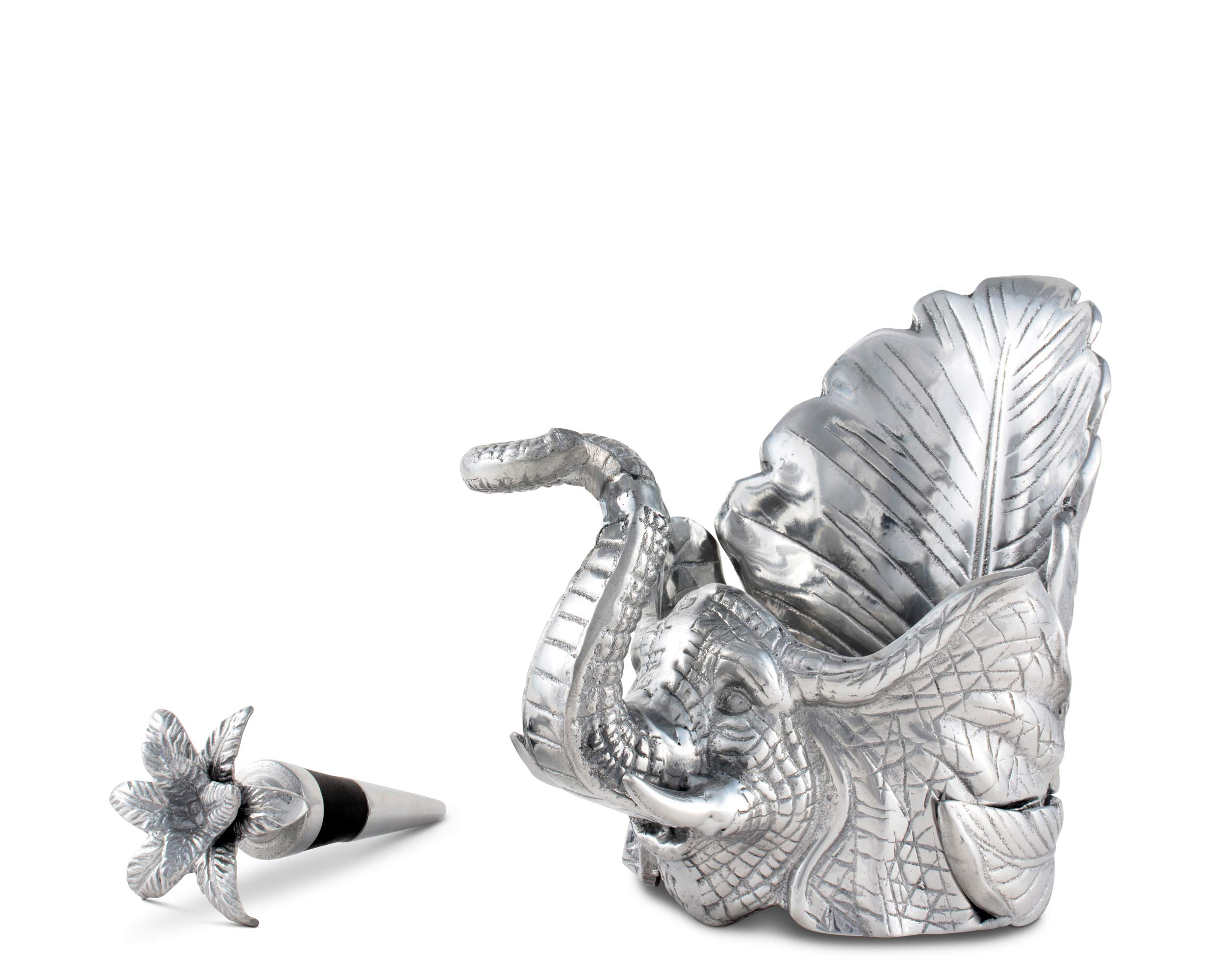 Arthur Court Aluminum Metal Elephant Wine Coaster and Stopper Set Sand casted Artisan Metal 4.5 inch Diameter Coaster 7 inch Tall