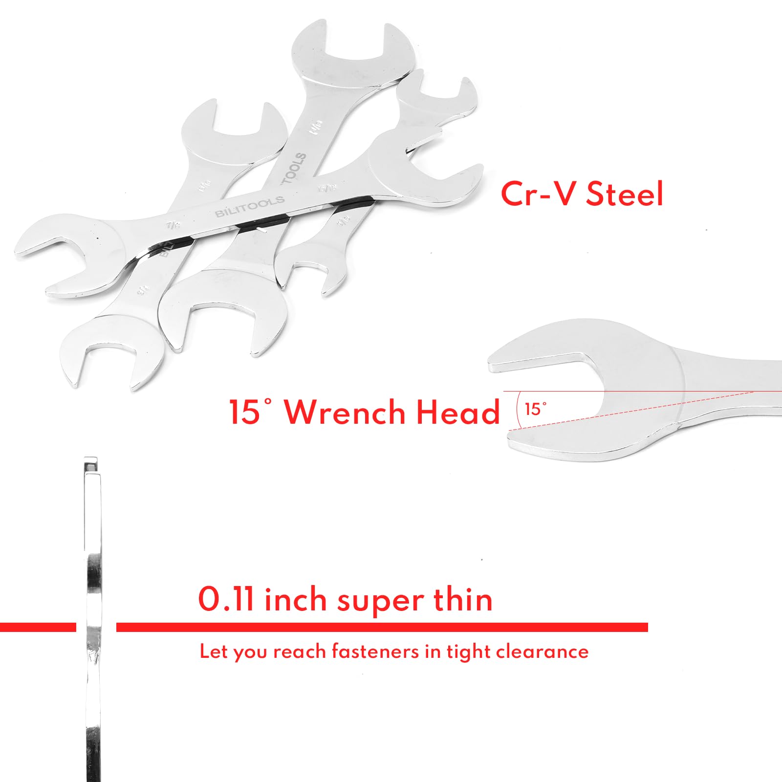 BILITOOLS Super Thin Open End Wrench Set, 9 Piece SAE 1/4 to 1-1/16 inch, CR-V Steel, HRC 40-45