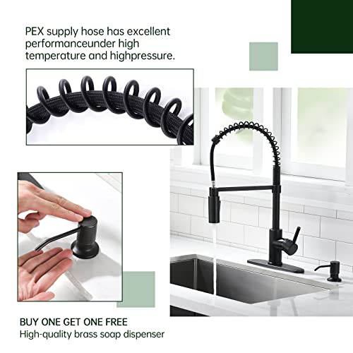 APPASO Commercial Pull Down Sprayer Kitchen Faucet with Soap Dispenser - Oil Rubbed Bronze High Arc Tall Modern Single Handle Spring Kitchen Sink Faucet with Pull Out Spray