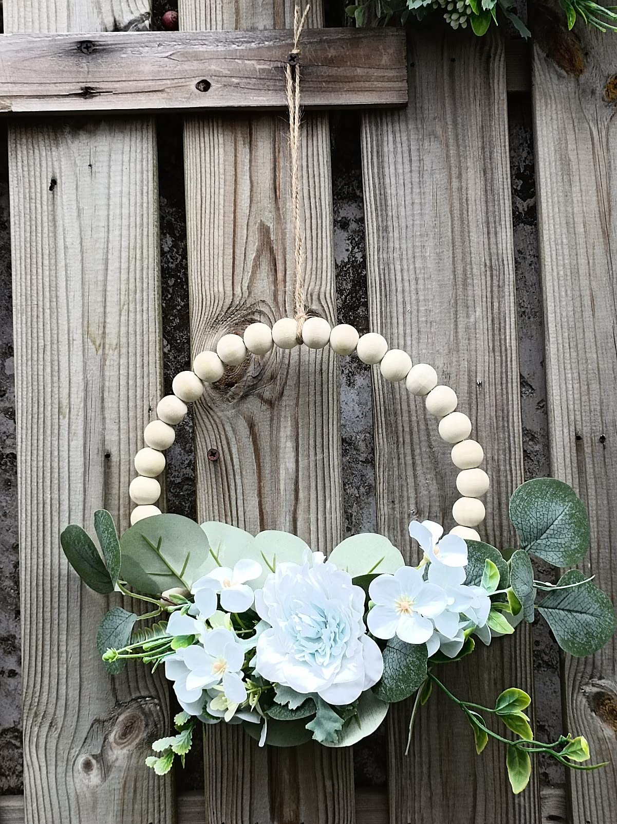 Artificial Flower Wreath,Wood Beads Camellia Wreath, Indoor/Outdoor Farmhouse Wreaths for Front Door Decor