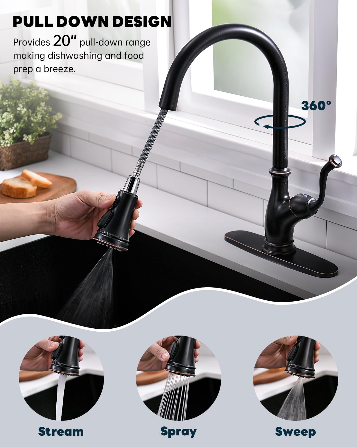 APPASO Oil Rubbed Bronze Kitchen Faucet with Soap Dispenser, Stainless Steel Kitchen Faucet with Pull Down Sprayer 3-Function High Arc Single Handle Bronze Kitchen Sink Faucet