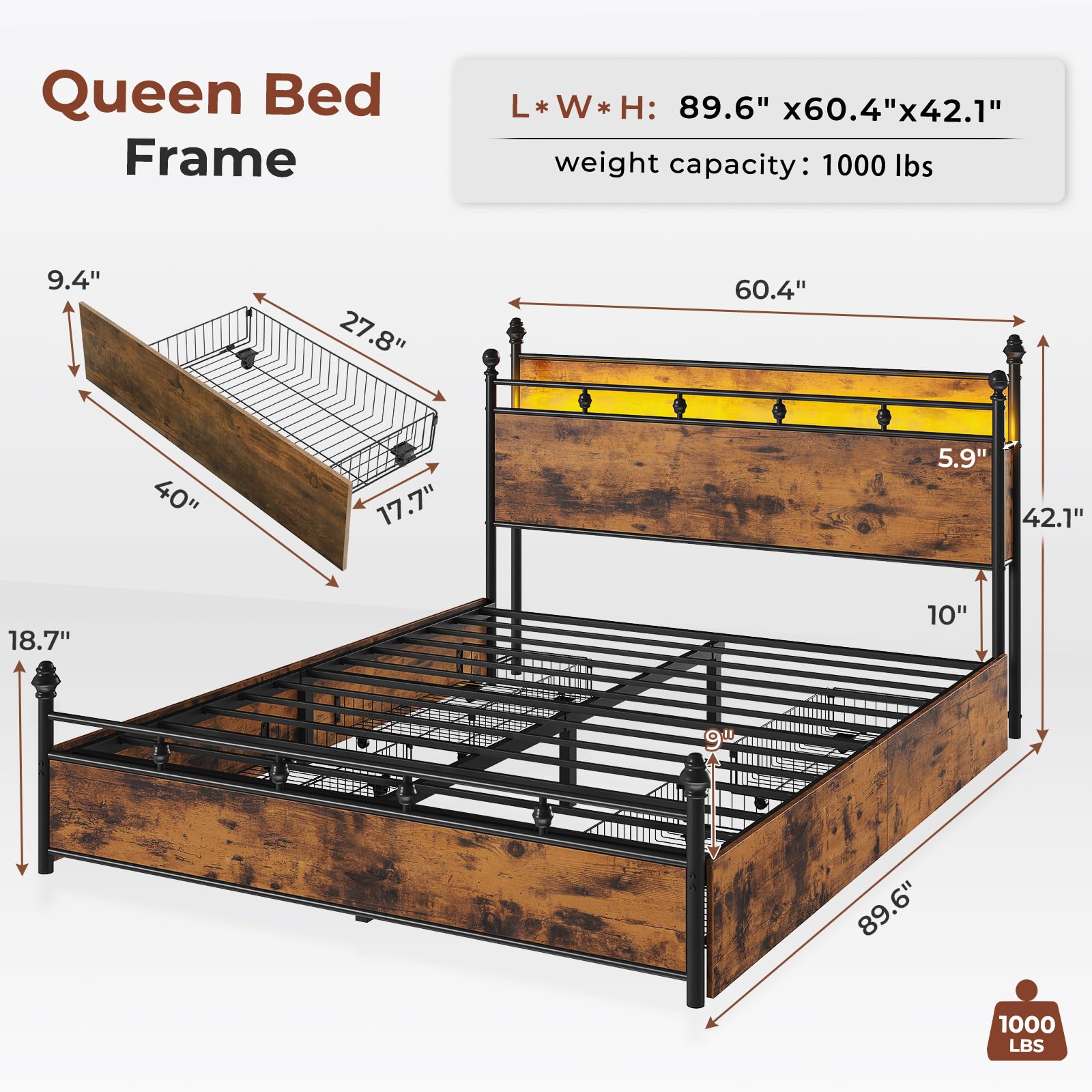 AOGLLATI Queen Bed Frame with 4 Storage Drawers, LED Bed Frame with Charging Station, Metal Platform Bed Queen Size with Storage Headboard, No Box Spring Needed