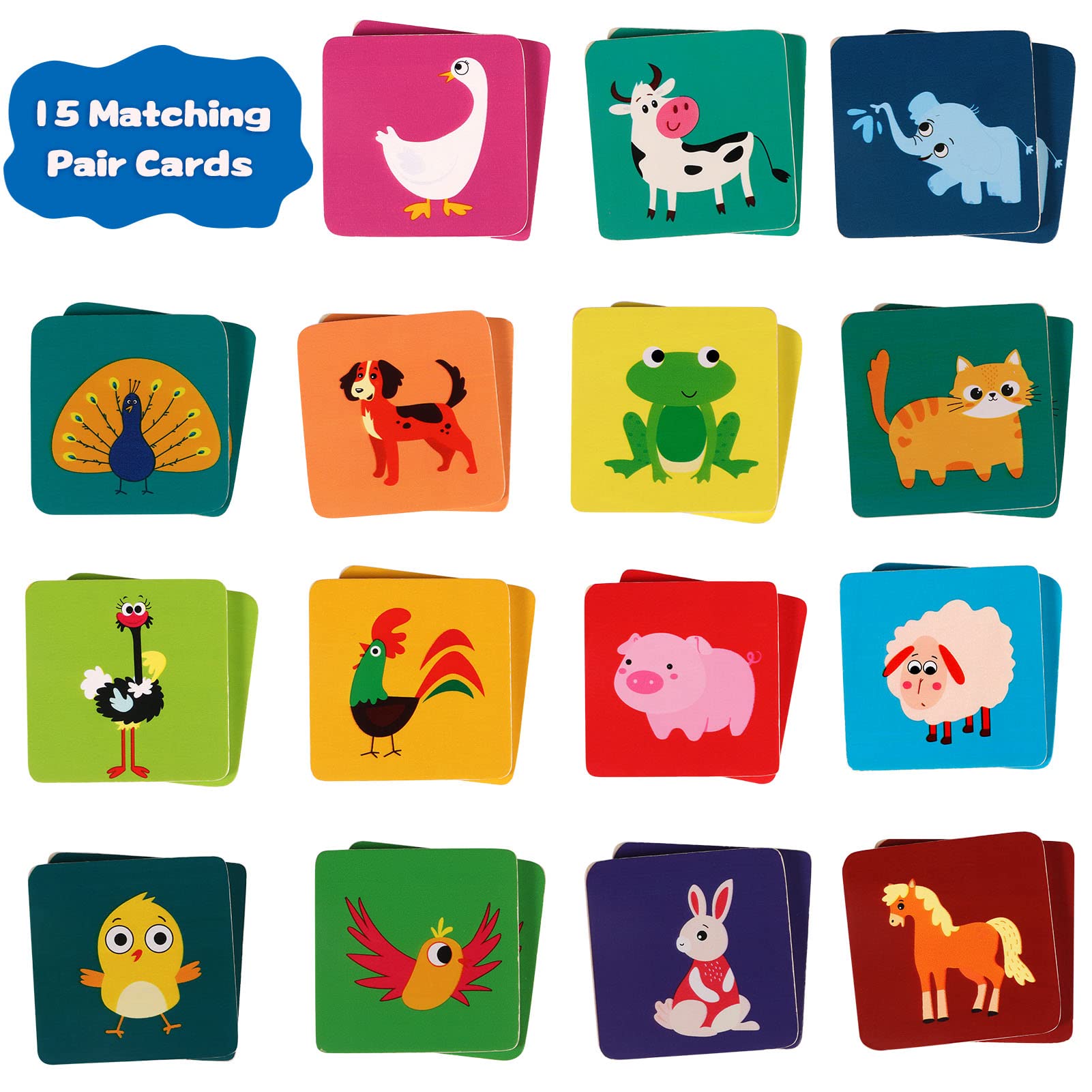 Atoylink Animals Matching Memory Game for Kids 30 Pcs Wooden Memory Card Concentration Matching Game Toddlers Preschool Learning Acticities for 3 4 Years Boys Girls