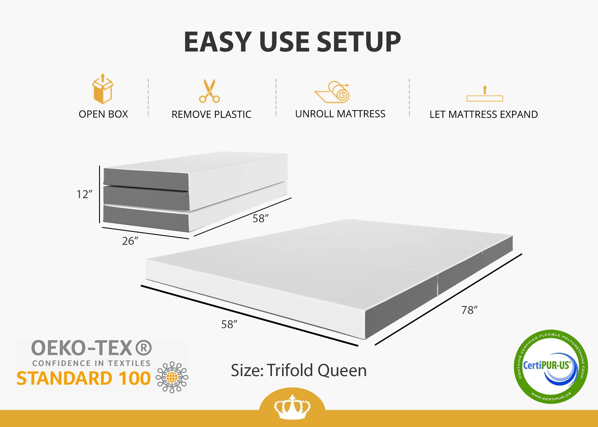 DynastyMattress Foldable Mattress Bed Gel Memory Foam, Trifold Mattress 4 Inch, Portable Topper & Washable Cover, Sofa, Couch, Guests, Camping, RV Traveling, Queen Size - 58”x 78”x 4” (USA Made)