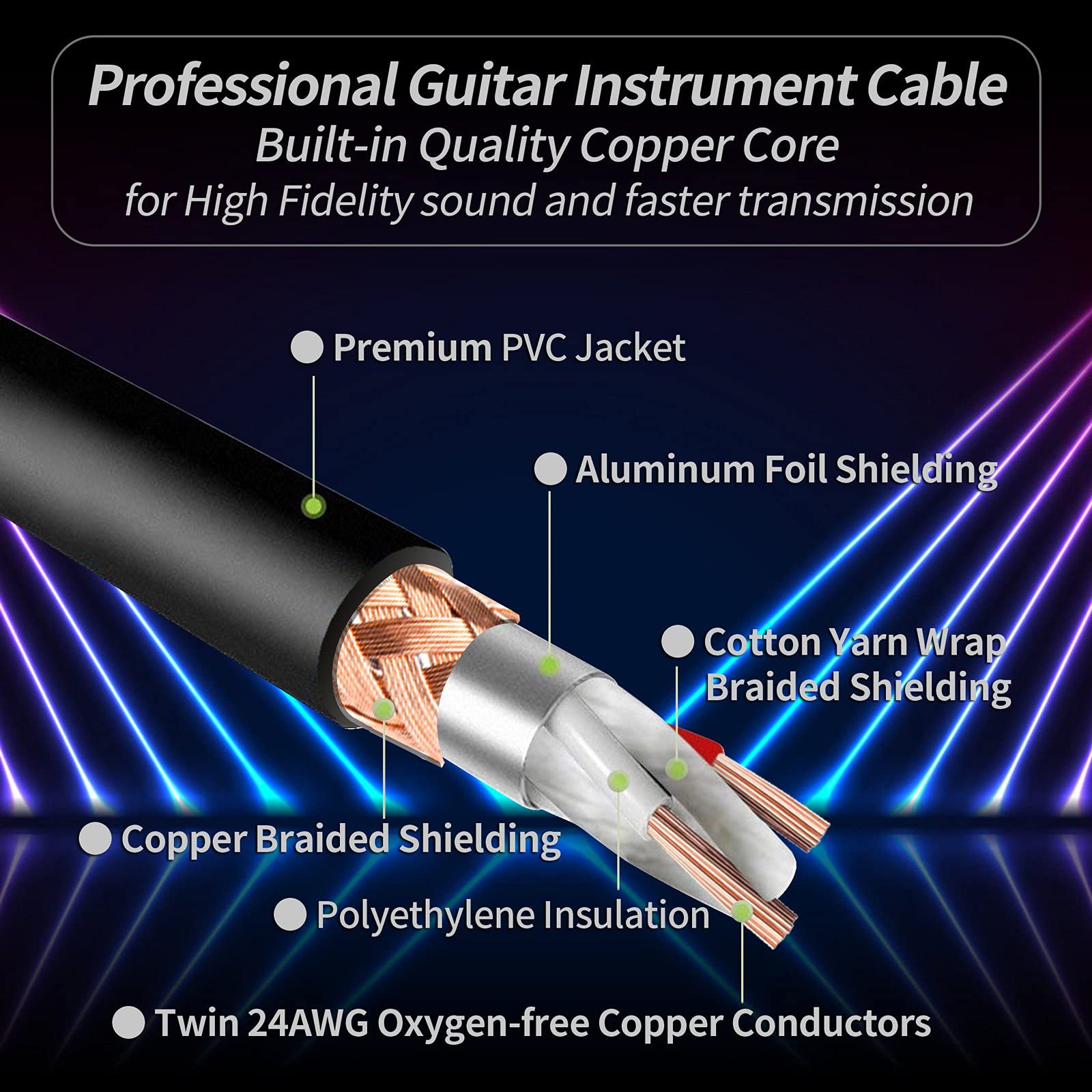 ARLX Guitar Cable 6.5 Feet Professional Guitar Amp Cord 1/4 inch Instrument Cable, Electric Bass Guitar Cable