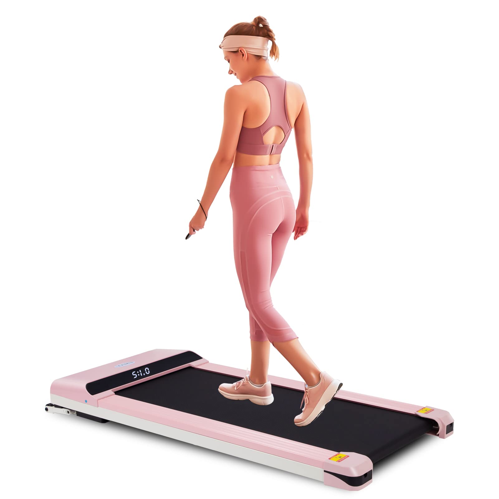 Ampela Portable Treadmill Under Desk Walking Pad Flat with LED Display & Sport APP, Running Machine for Apartment and Small Space Without Assembling(Pink)