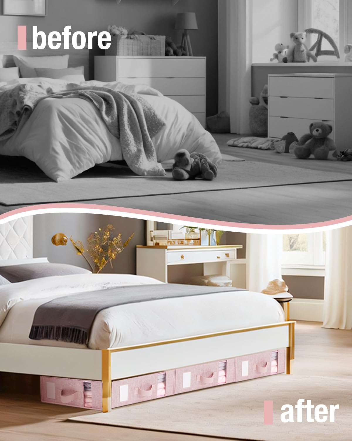 BESHOOME 4-Pack Bed Sheet Organizers and Storage, Queen/King Size (Pink), Foldable Sheet Organizer for Linen Closet, Fabric Storage Bins for Bedding Sheets,Duvet Covers and Pillow cases