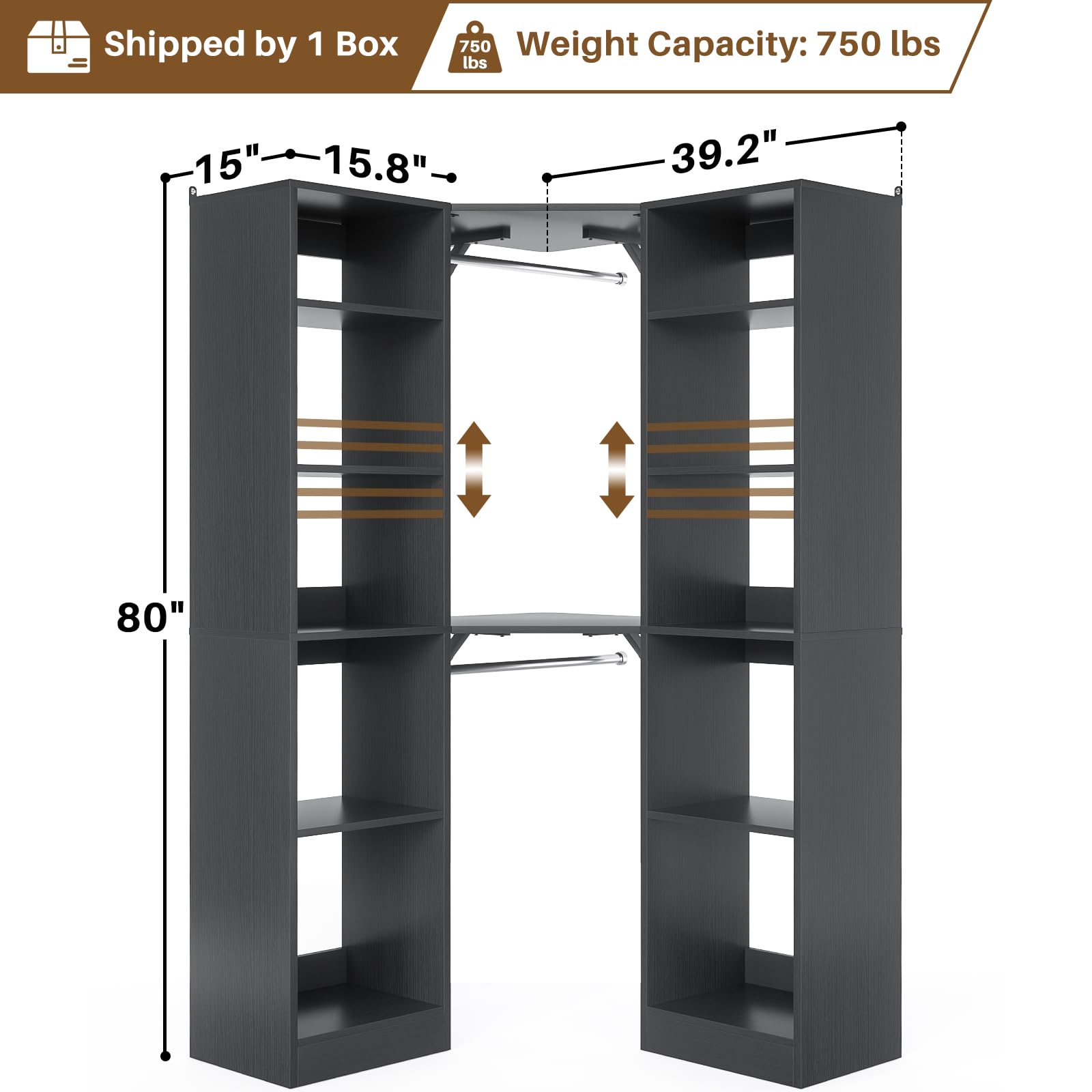 Besiost Corner Closet System with 12 Shelves, 40" Large Corner Closet Organizer System with 2 Hanging Rods, Versatile 6-Tier Walk-in Closets for Corner Space, White