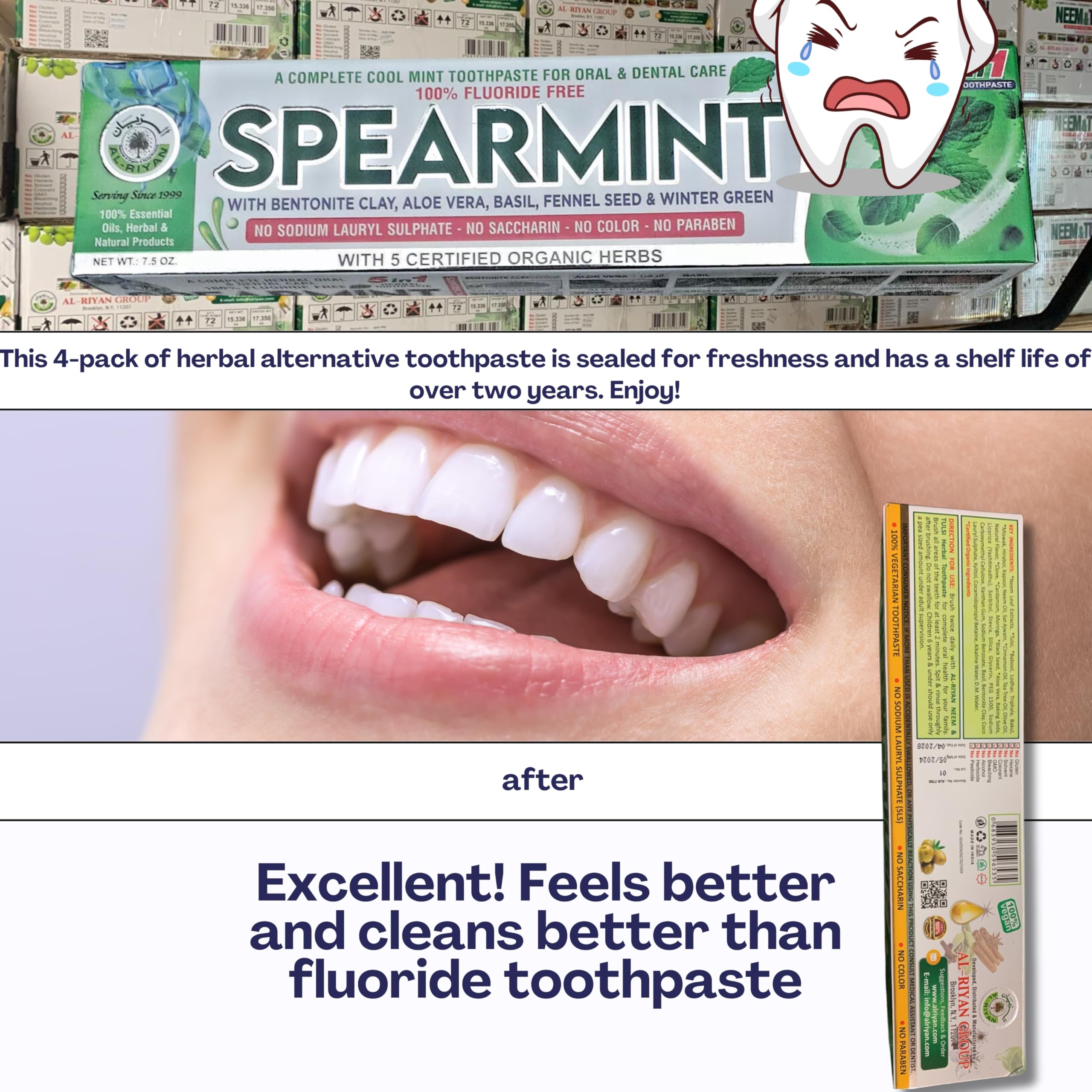 Pack of 4- Black Seed, Coconut, Tea Tree, Saffron, Peppermint- Herbal Toothpaste and Triplemint Fluoride Free