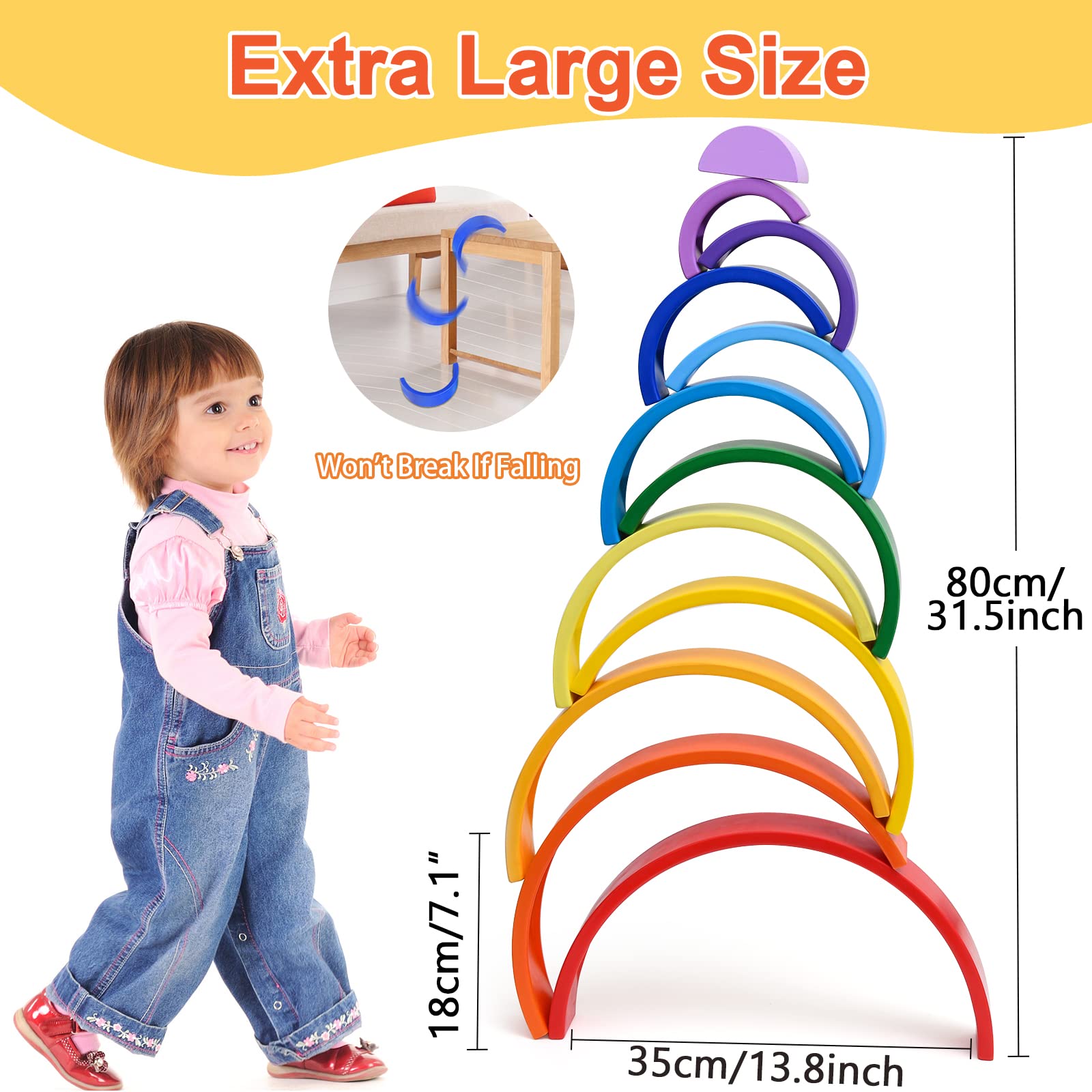 Atoylink Melamine Rainbow Stacking Toy Nesting Block Puzzle, Washable Extra Large 12Pcs Anti-break Non-BPA Building Game Stacker for Baby Kid Toddler Montessori Toys Educational Early Development Gift