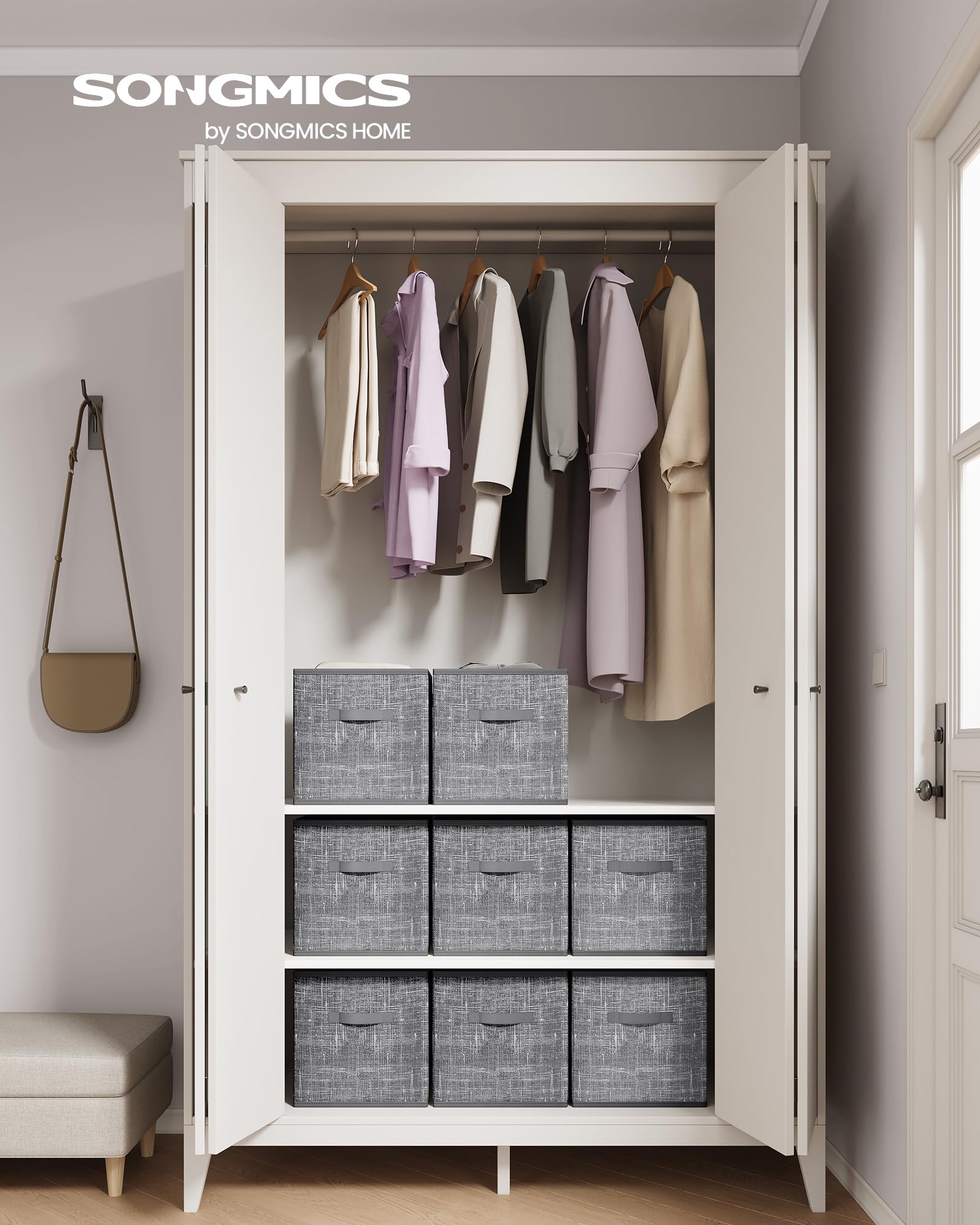 SONGMICS Storage Cubes, 13-Inch Non-Woven Fabric Bins with Double Handles, Set of 8, Closet Organizers for Shelves, Foldable, for Clothes, Cattail Gray UROB833G01