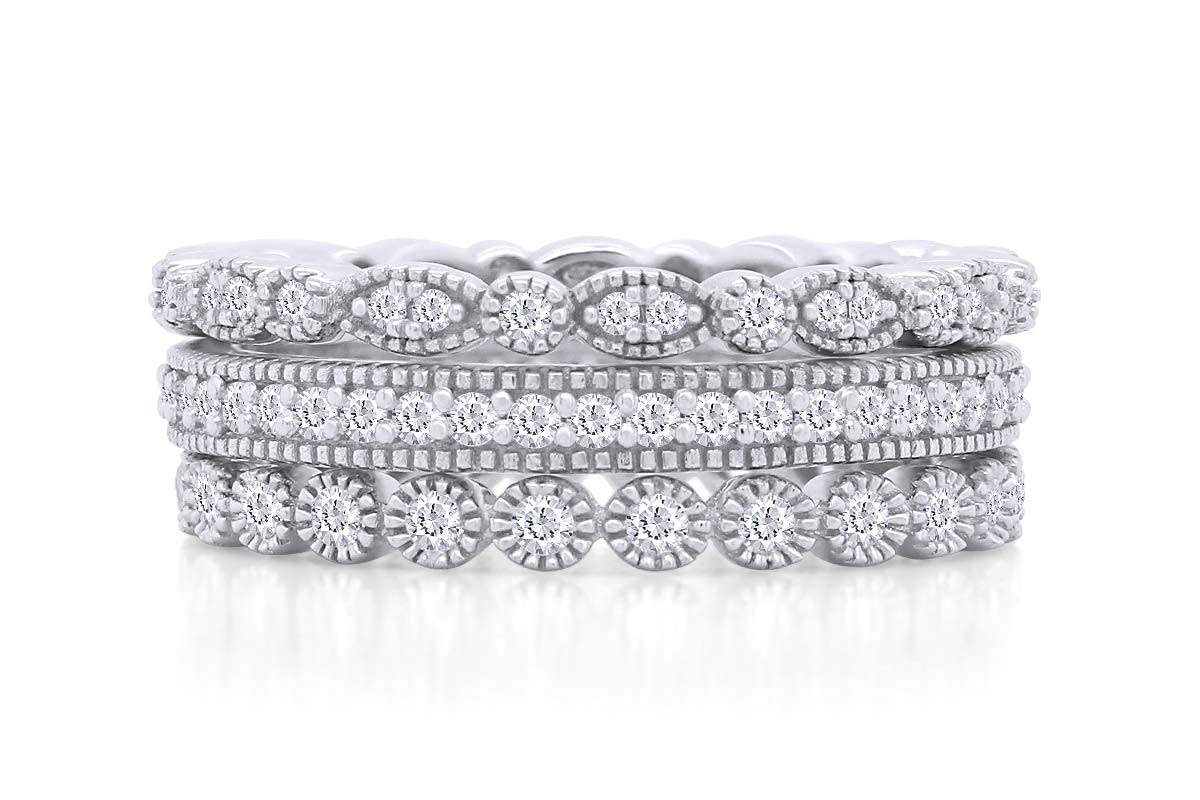 AFFY Womens Anniversary Eternity Bands 3 Stackable Rings Cubic Zirconia Engagement Bridal Milgrain Marquise Infinity Ring 14K White Gold Plated 925 Sterling Silver Ring Sets Size-8.5