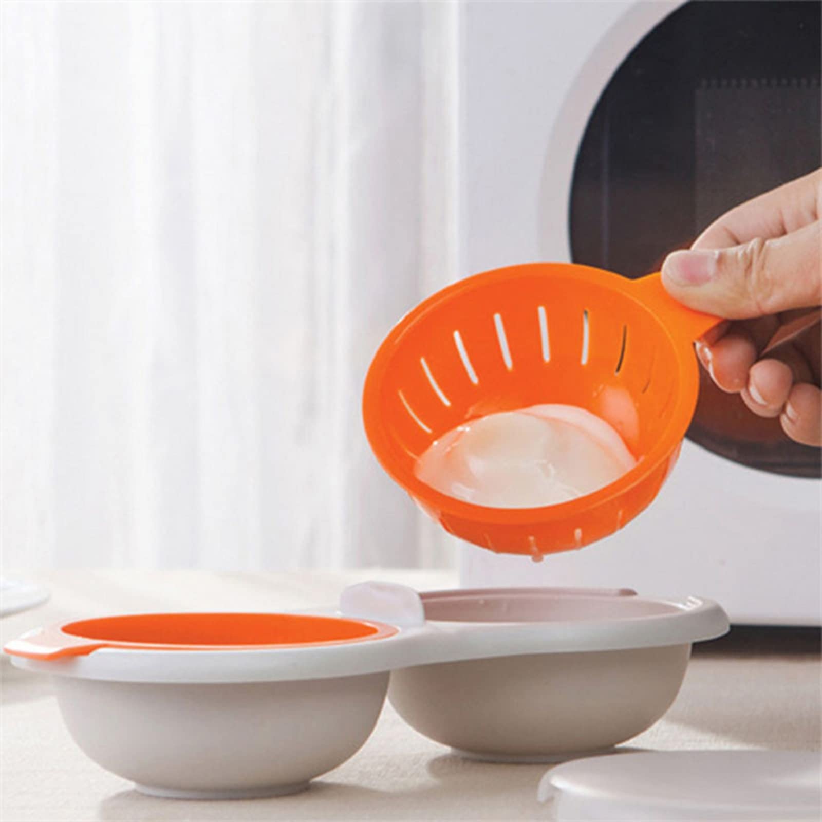 ARTIOMO Double Egg Poacher for Microwave,2 Cavity Edible Silicone Drain Egg Boiler Set, Non Stick Egg Cooker Poached Egg Steamer, Home Kit blue,green,orange