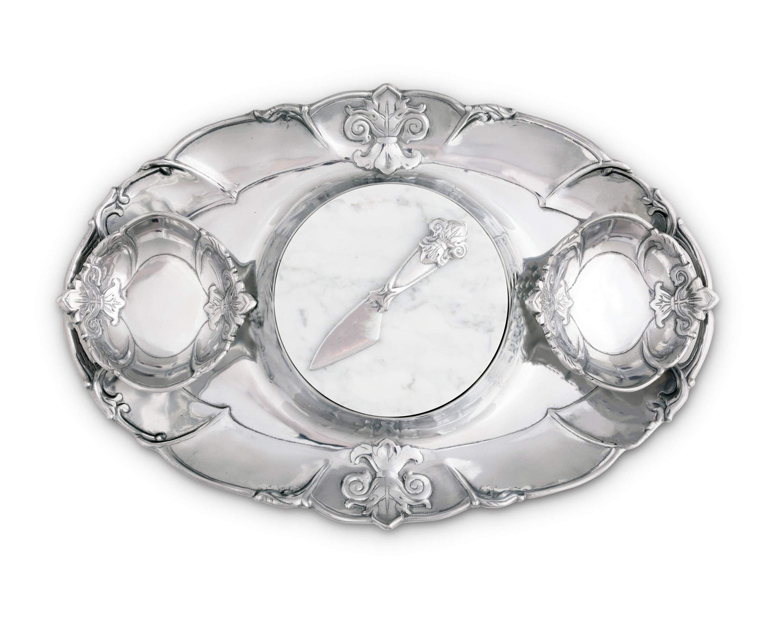 Arthur Court Designs Aluminum Fleur-De-Lis 5-Piece Entertainment Cheese Chip and Dip - Two Bowls, Spreader, Marble, Tray 20 inch x 13 inch