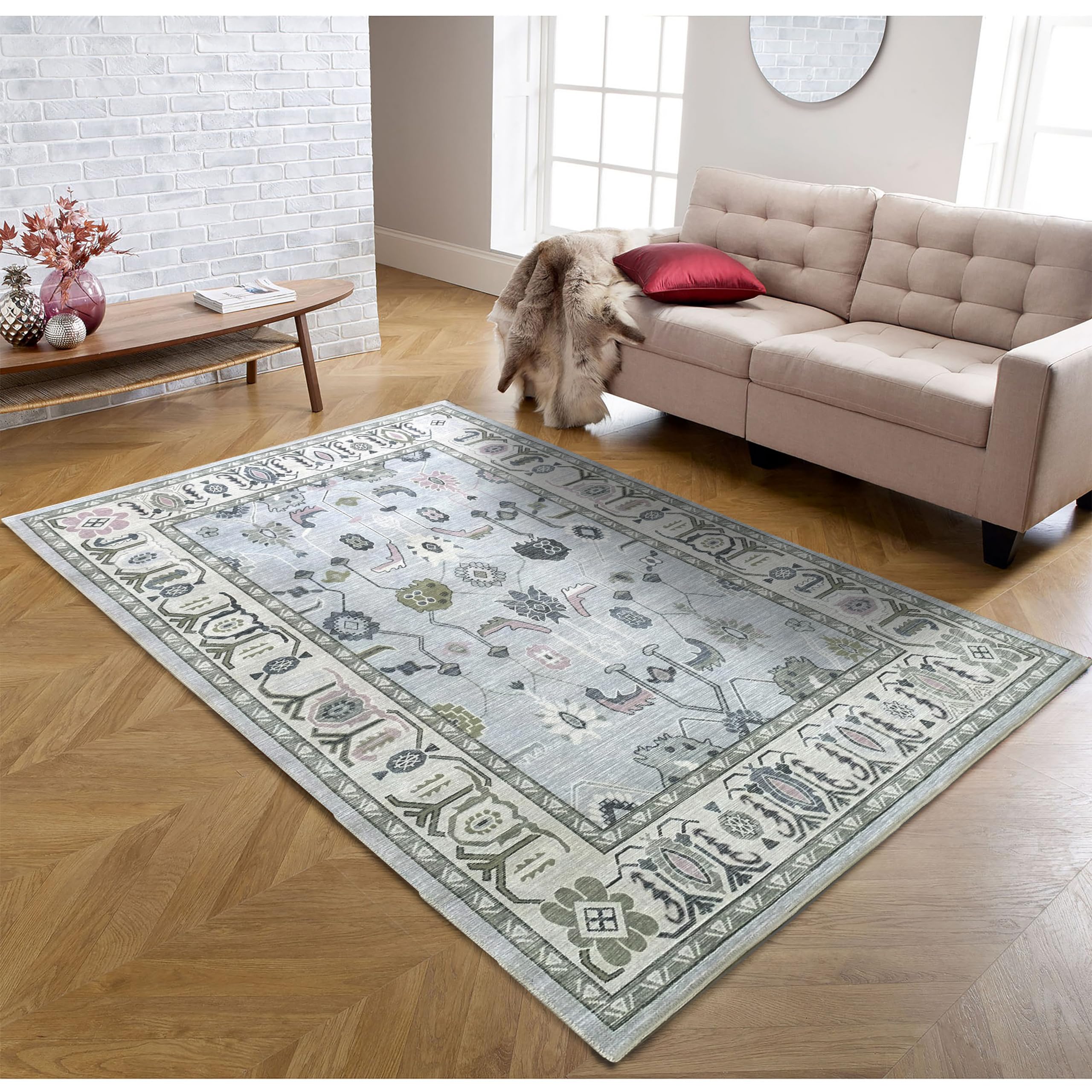 Cream Blue Oushak Rug, Modern Rugs, Vintage, Turkish, Eclectic, Floral, Pastel, Washable, Small Throw, Accent Area Rug for Living Room, Bedroom, Kitchen, Bathroom, 2'5"x4'9