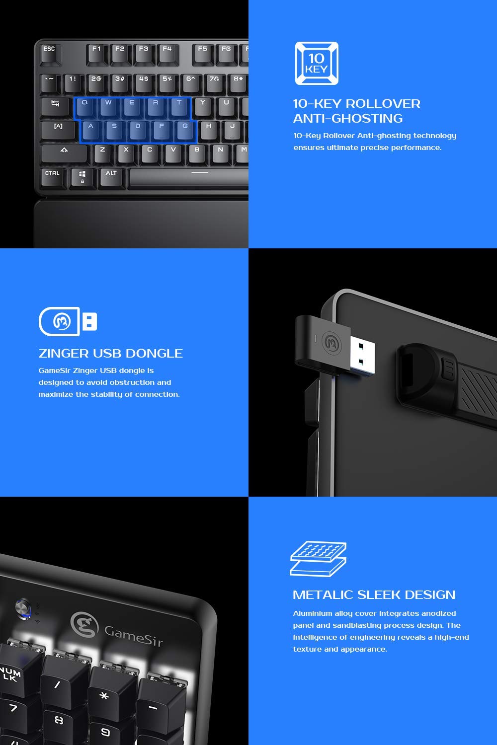GameSir GK300 Wireless Mechanical Gaming Keyboard 2.4 GHz + Blutooth Connectivity, 1ms Low Latency, Aluminium Alloy Top Plate, Anti-ghosting for PC/iOS/iPad/Android Smartphone/Laptop and Mac (Renewed)